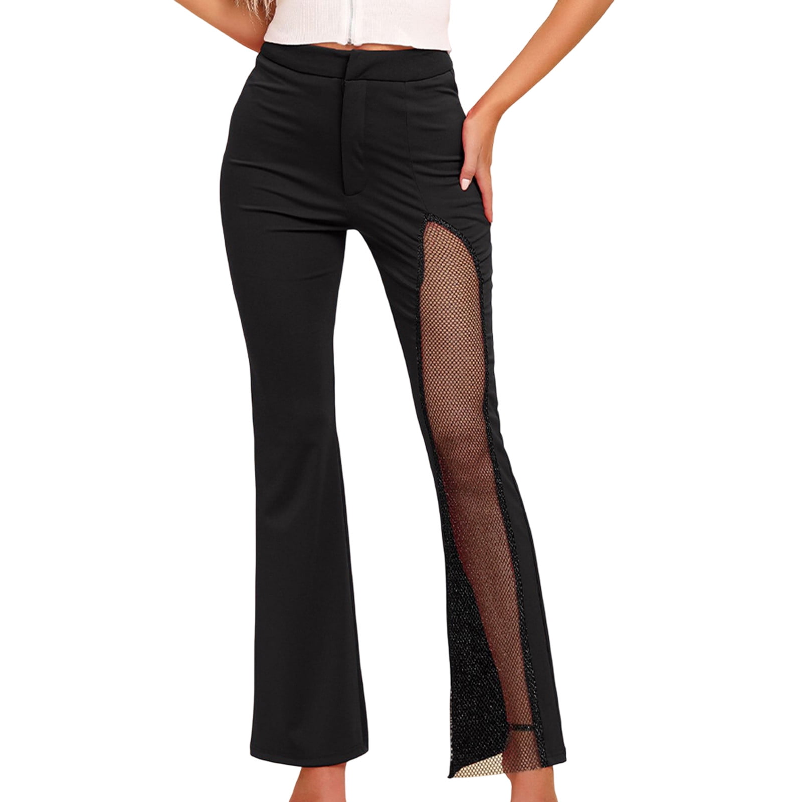 Hfyihgf Women Mesh Sheer Splicing Dress Pants High Waist Bootcut Leg ...