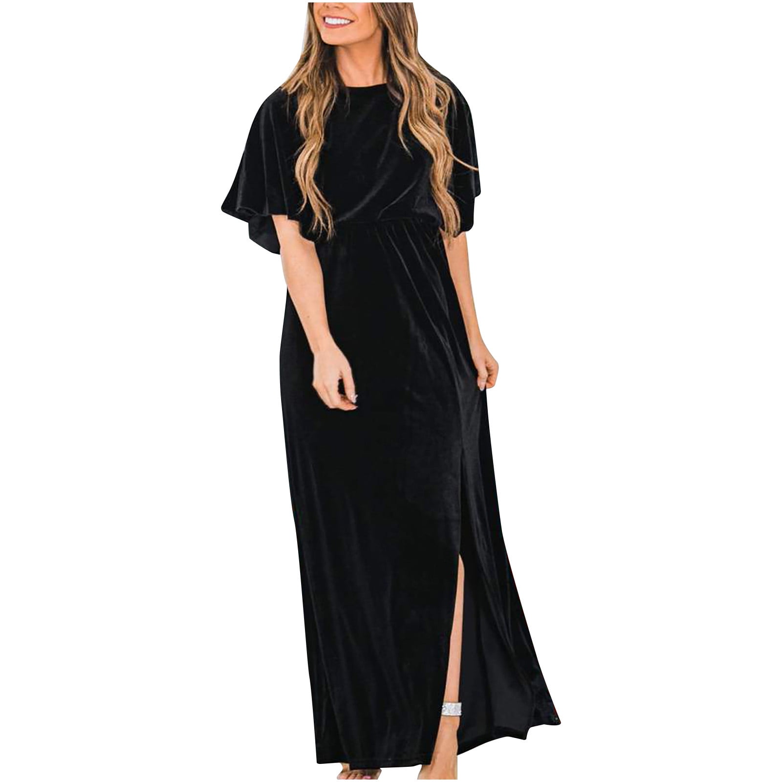 Hfyihgf Women's Elegant Velvet Maxi Dress Crewneck Short Bell Sleeve ...