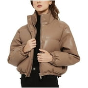 Brown Leather Puffer Jacket
