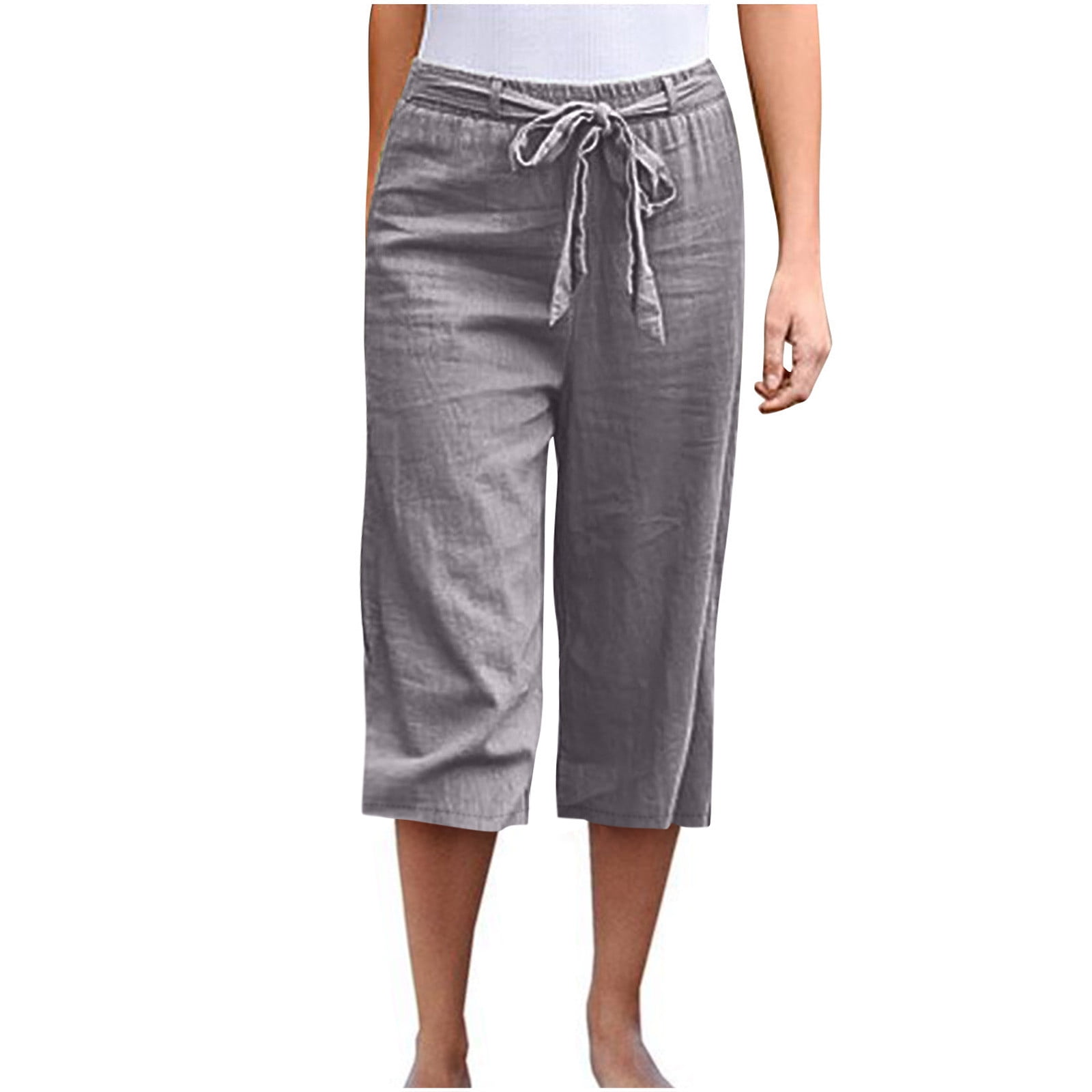 Hfyihgf Womens High Waist Linen Capri Pants Summer Beach Pants Plus