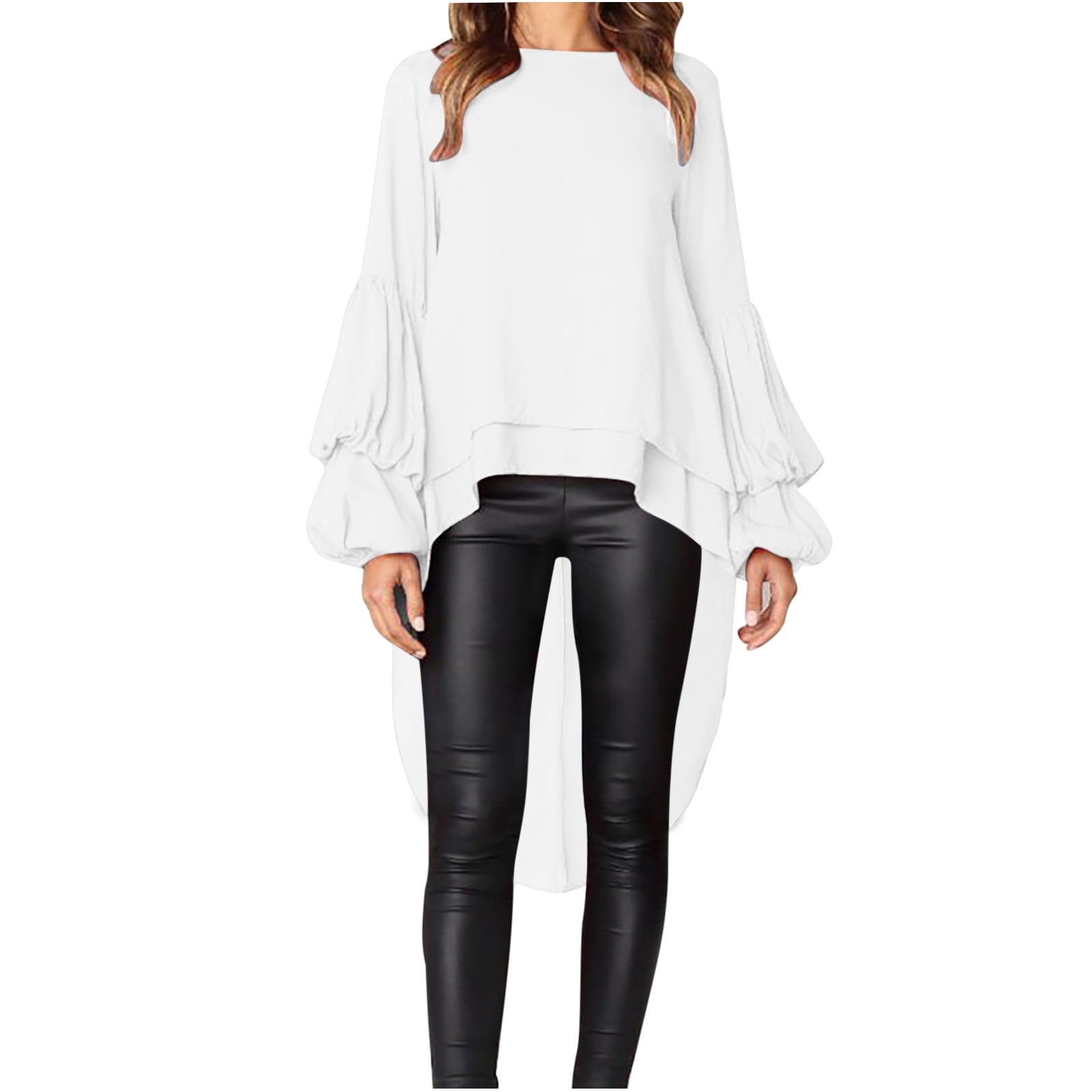 Hfyihgf Women's Irregular Hem High Low Asymmetrical Tops Long Sleeve Crewneck Casual Ruffle ...