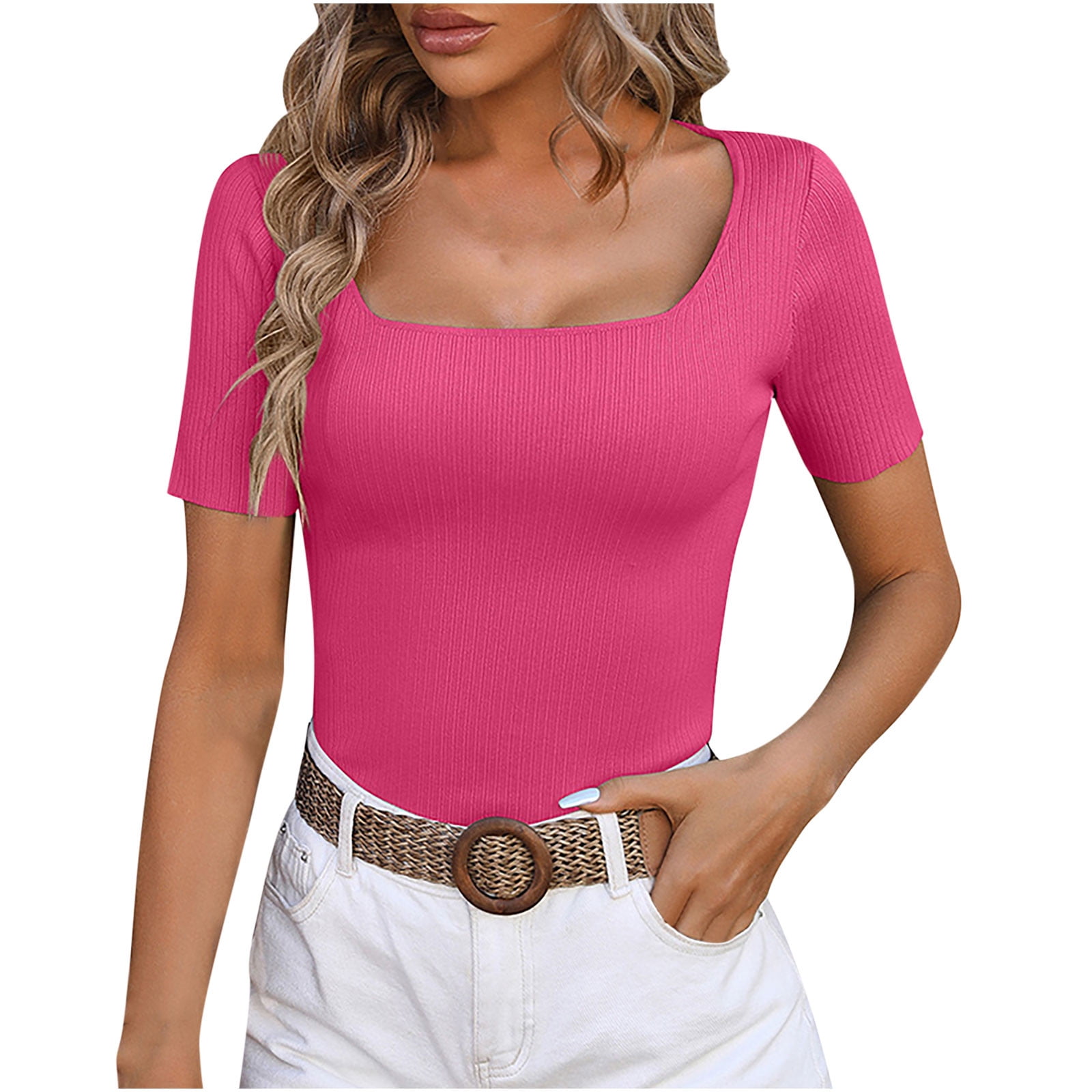 Hfyihgf Women's Slim Fit T Shirts Ribbed Knit Square Neck Short Sleeve ...