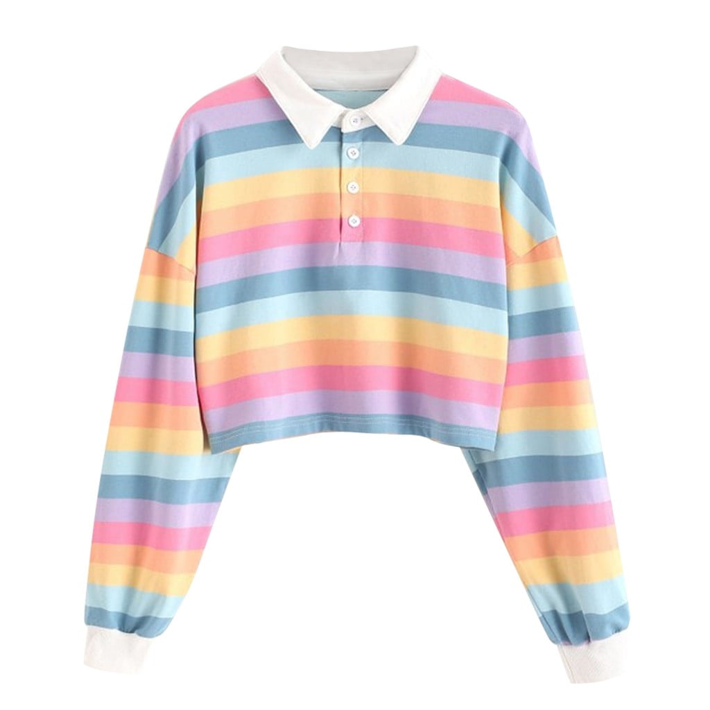 Hfyihgf Women's Striped Crop Tops Collar Half Button Long Sleeve Polo ...
