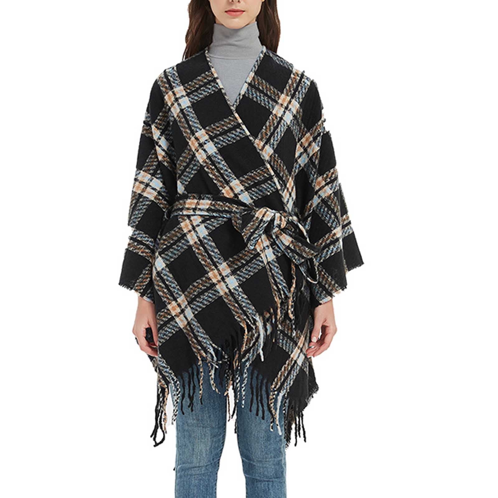Hfyihgf Women's Travel Plaid Shawl Belt Cardigan Wrap Open Front Poncho Cape Knitted Sweater ...
