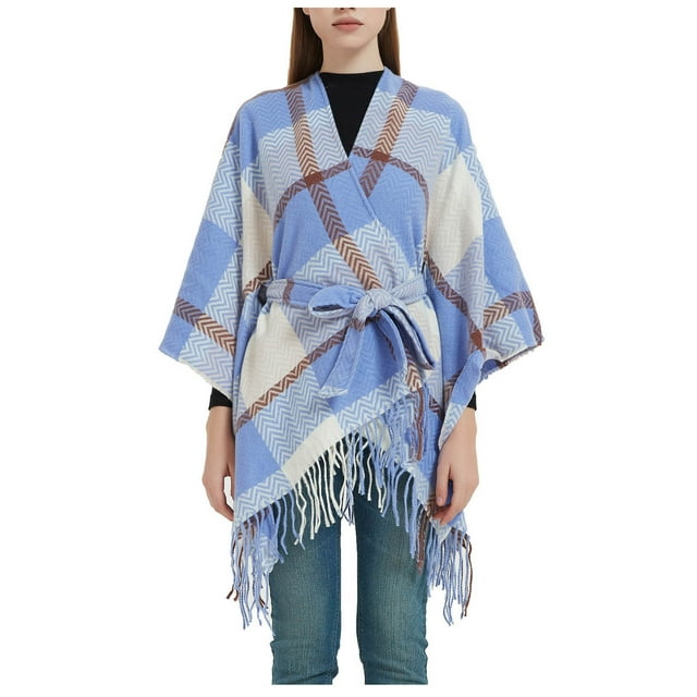 Hfyihgf Women's Travel Plaid Shawl Belt Cardigan Wrap Open Front Poncho Cape Knitted Sweater ...