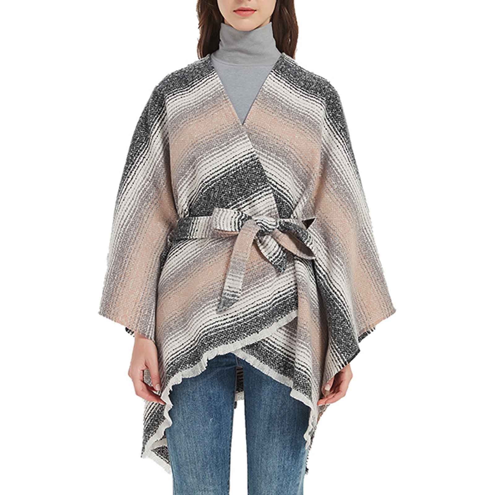 Hfyihgf Women's Travel Plaid Shawl Belt Cardigan Wrap Open Front Poncho Cape Knitted Sweater ...