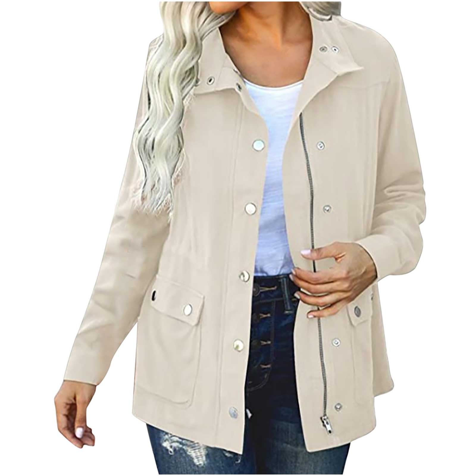 Hfyihgf Womens Military Jacket Zip Up Snap Buttons Lightweight Utility Coat Long Sleeve Solid ...