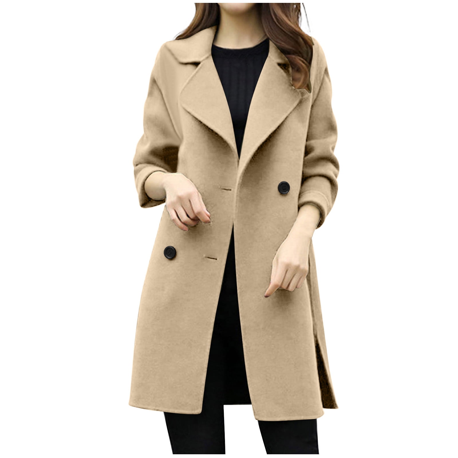 Hfyihgf Womens Notched Lapel Collar Double Breasted Pea Coat Winter Wool Blend Over Coats Mid ...