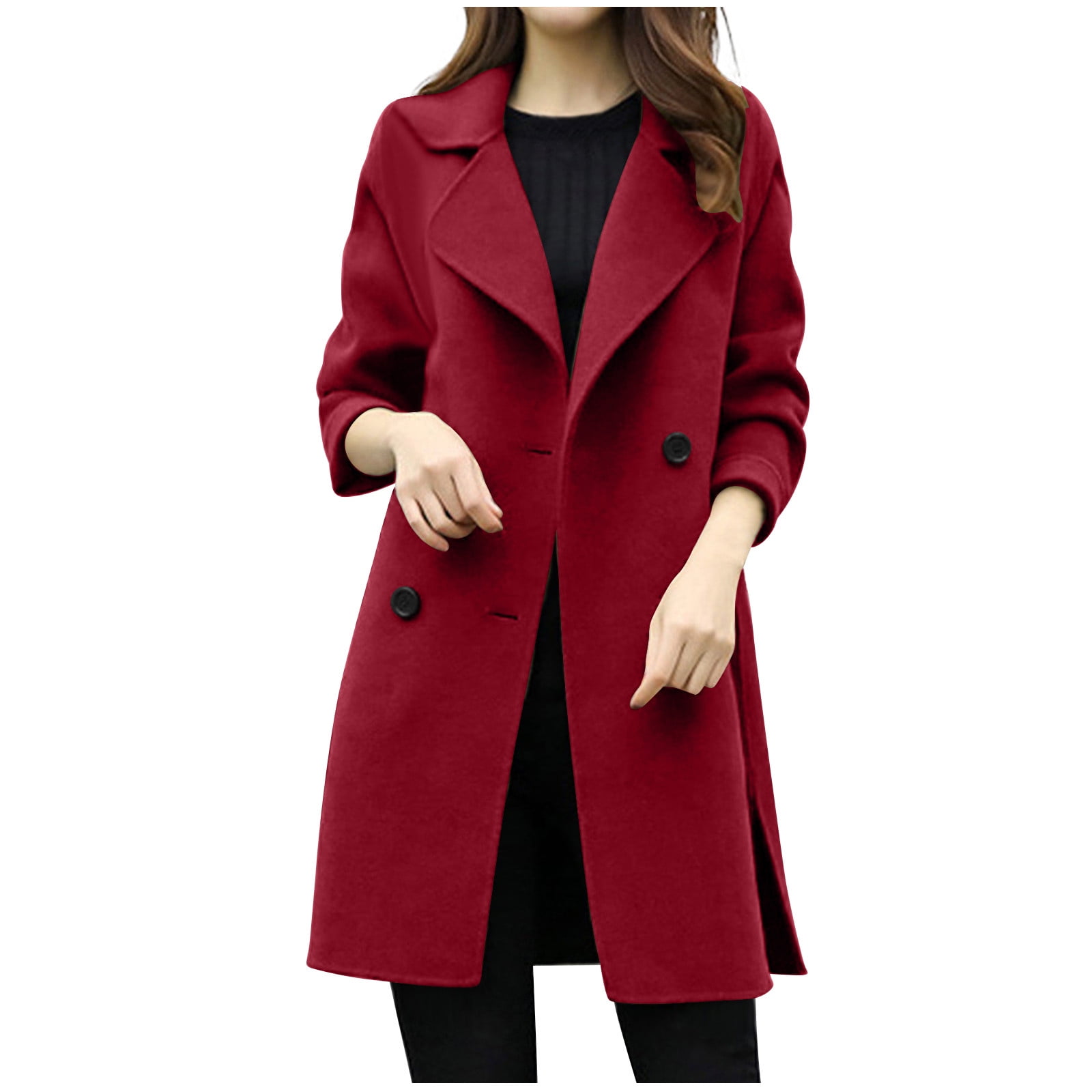 Hfyihgf Womens Notched Lapel Collar Double Breasted Pea Coat Winter Wool Blend Over Coats Mid ...