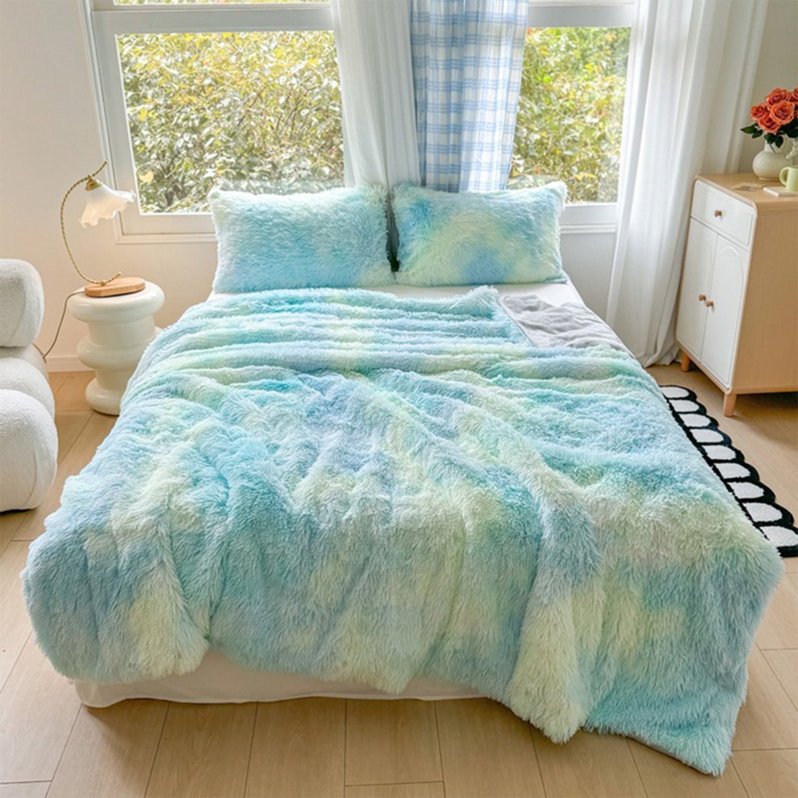 PureCasa Faux Fur Plush Tie Dye Green Blanket King Size Comforter Set ...