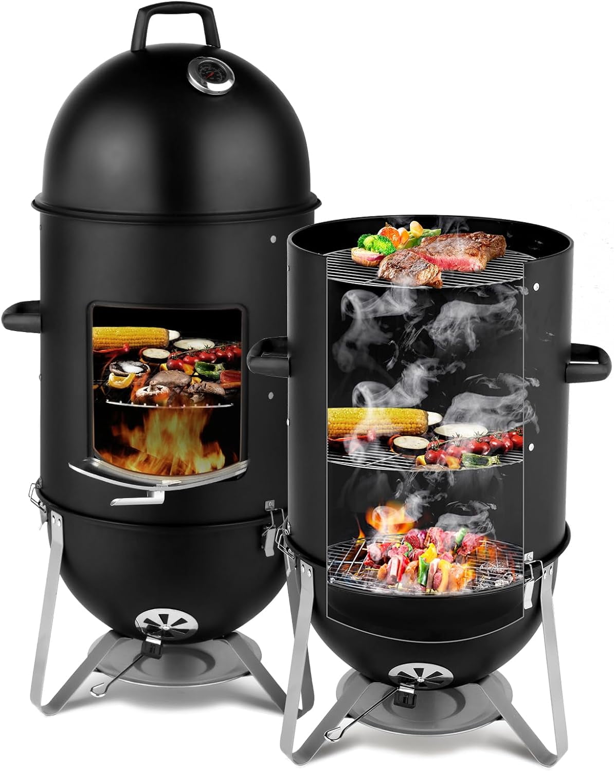 HgoodH Vertical 18.8 Inch Steel Charcoal Smoker, Heavy Duty 3-in-1 ...