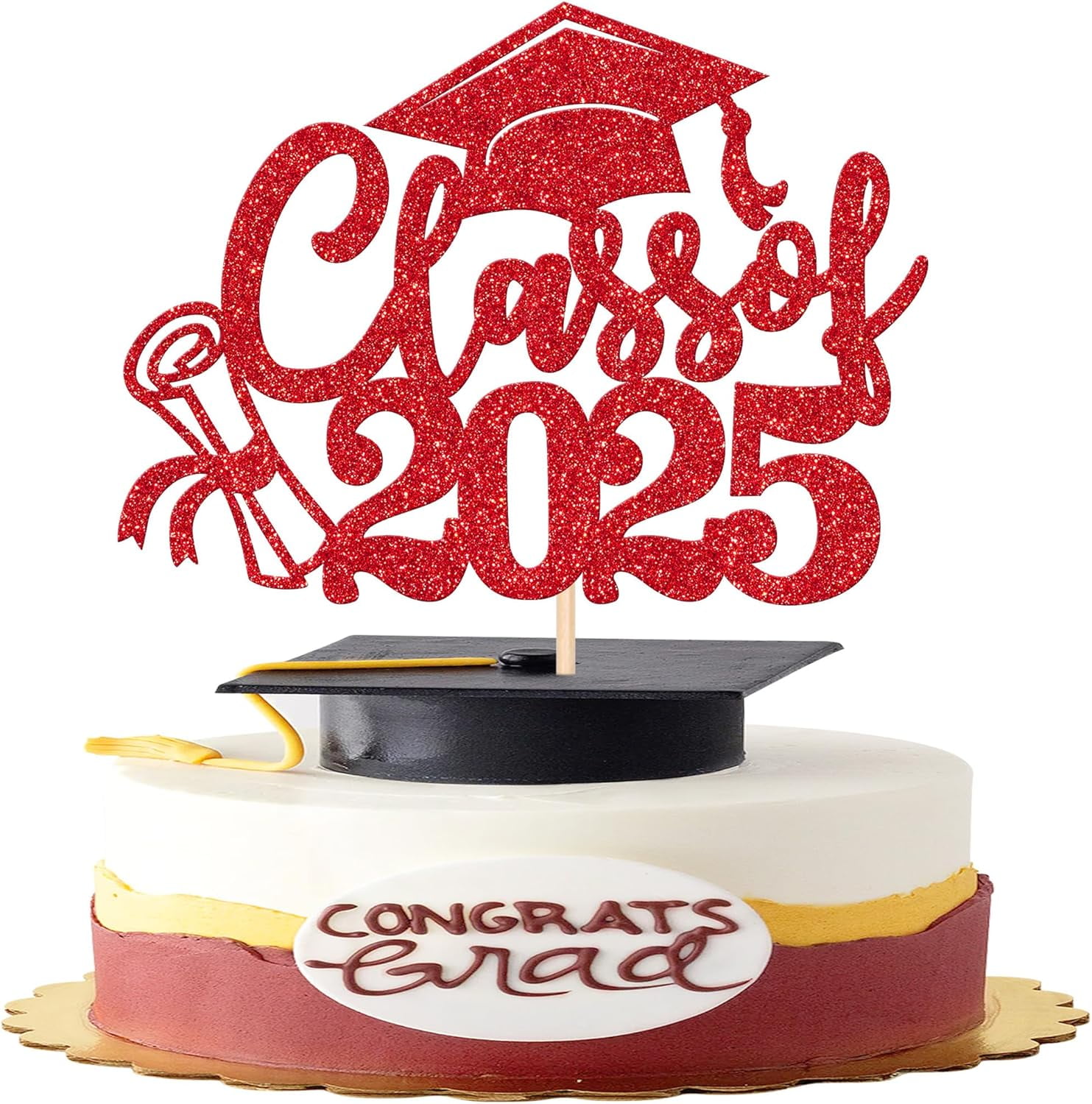 Hgudesign 1 PCS Class of 2025 Cake Tor Red Glitter Congrats Grad Cap ...