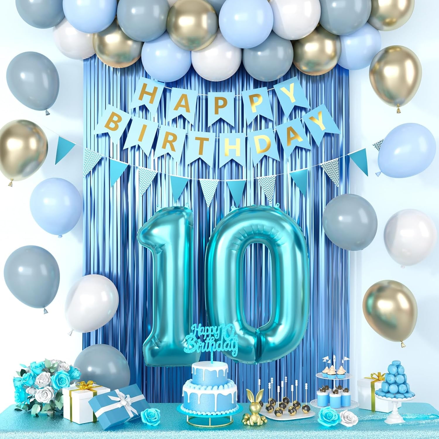Hgudesign 10th Birthday Decorations, Blue Happy Birthday Party ...