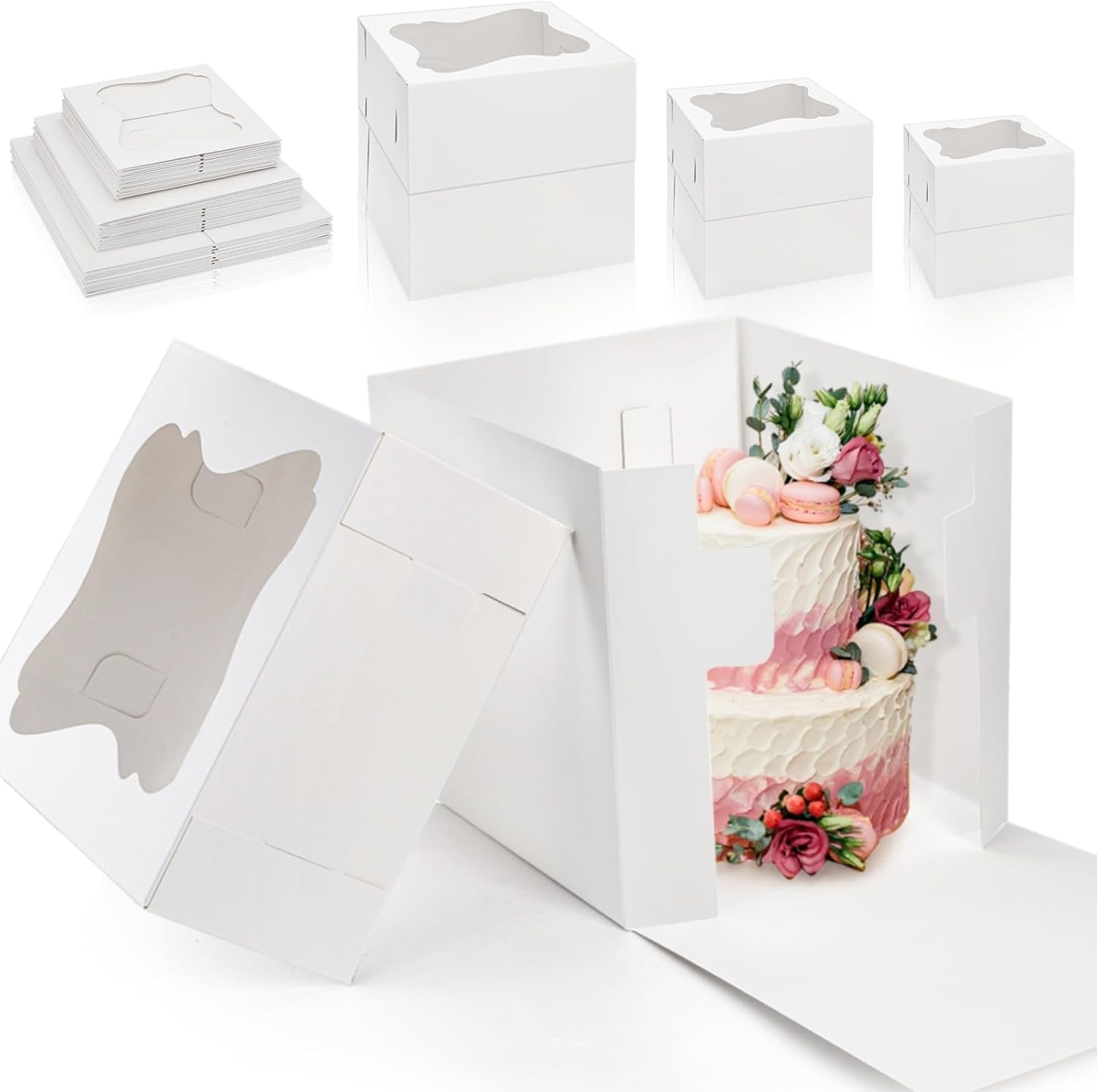 Hgudesign 15 Pack Cake Boxes with Window, Square Tall Cake Box in 3 ...