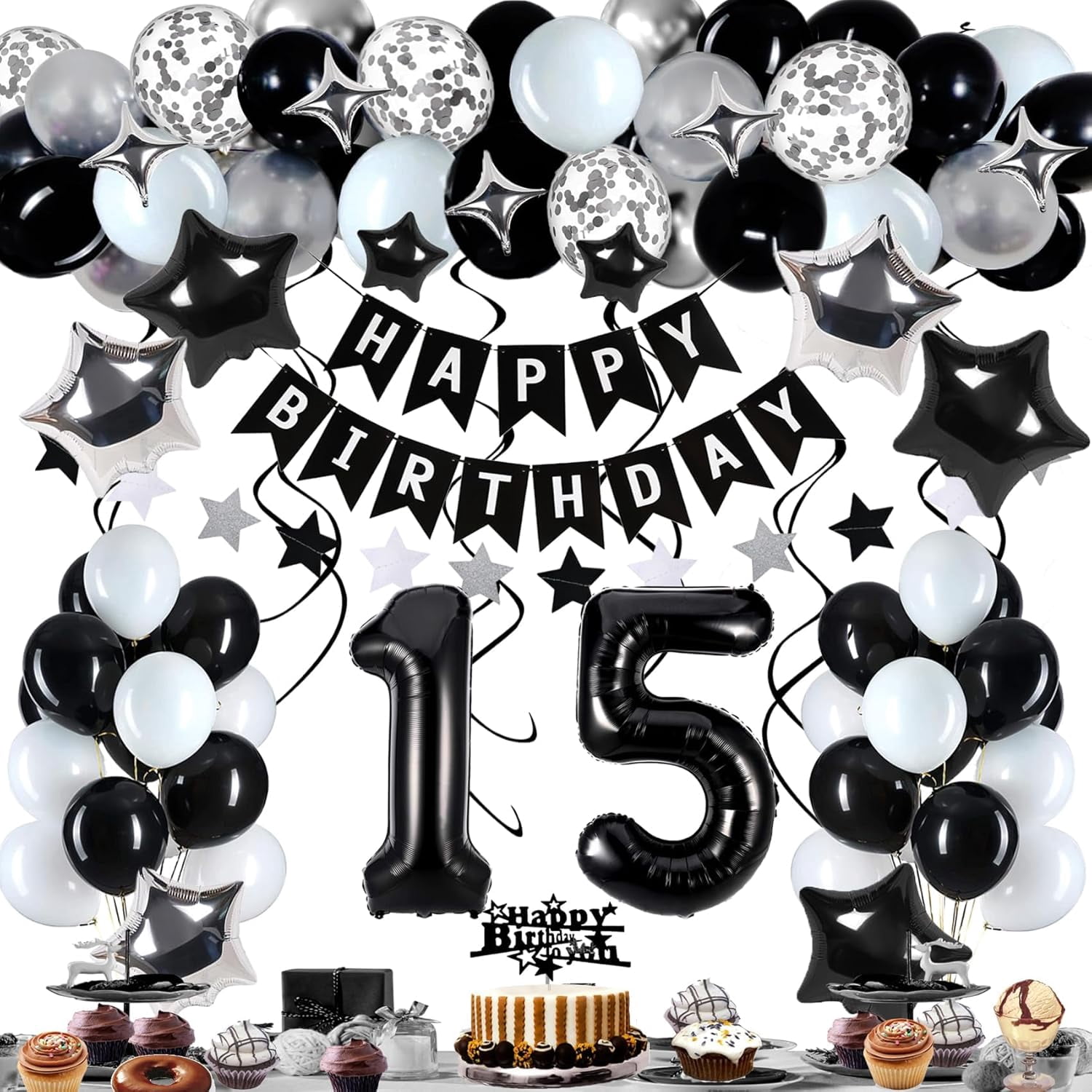 Hgudesign 15th Birthday Decorations for Boy Girl, Black White and ...