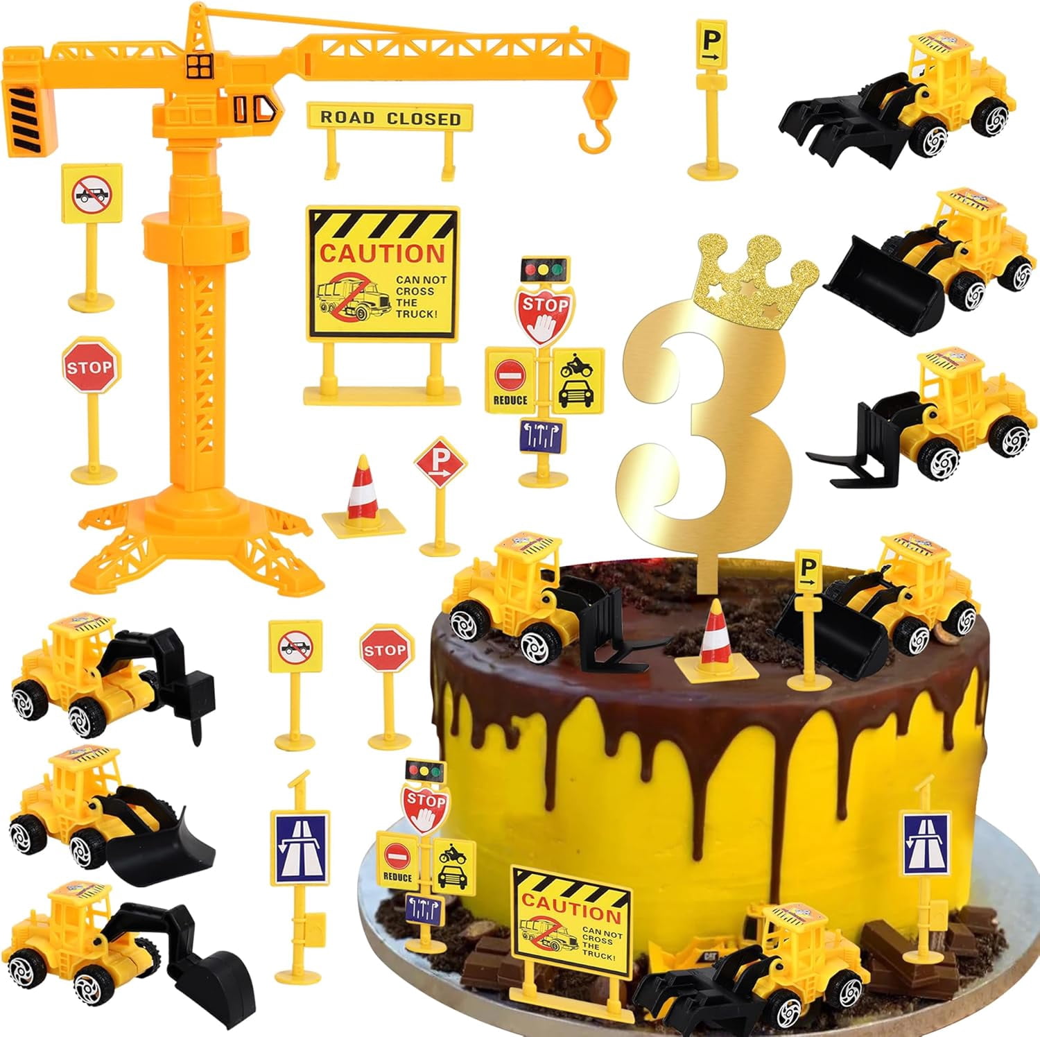 Hgudesign 17 Pack Construction Vehicles Cake Tors Set - Toy Road Sign ...