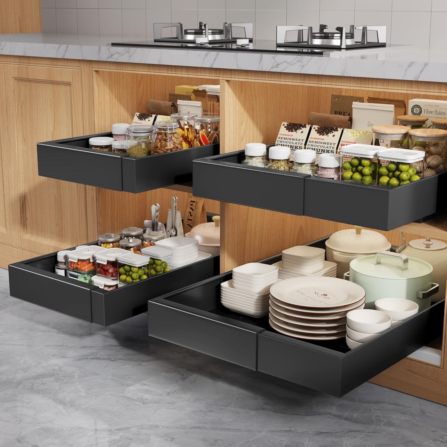 Hgudesign 2 Pack Pull Out Cabinet Organizers 21"Deep with Rng Pad for Framed Cabinets,Expandable ...