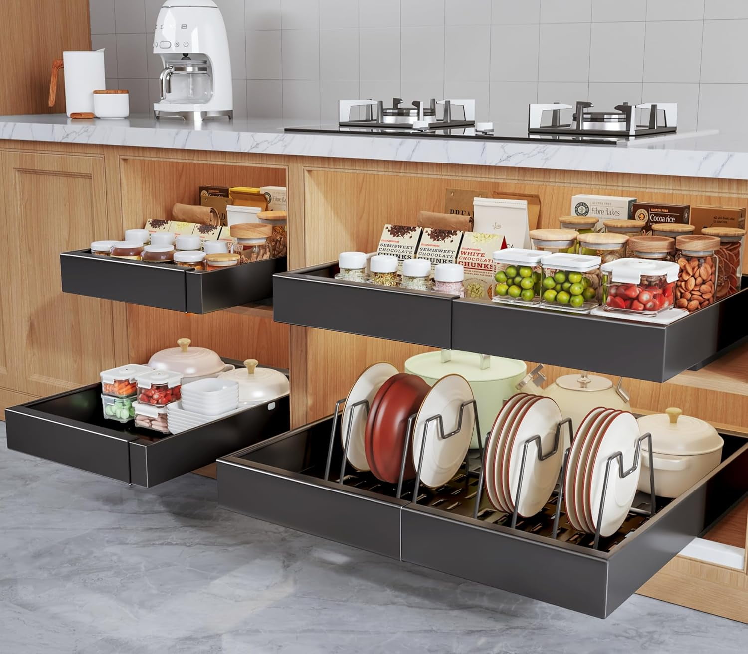 Hgudesign 2 Pack Pull Out Cabinet Organizers 21"Deep with Rng Pad for Framed Cabinets,Expandable ...