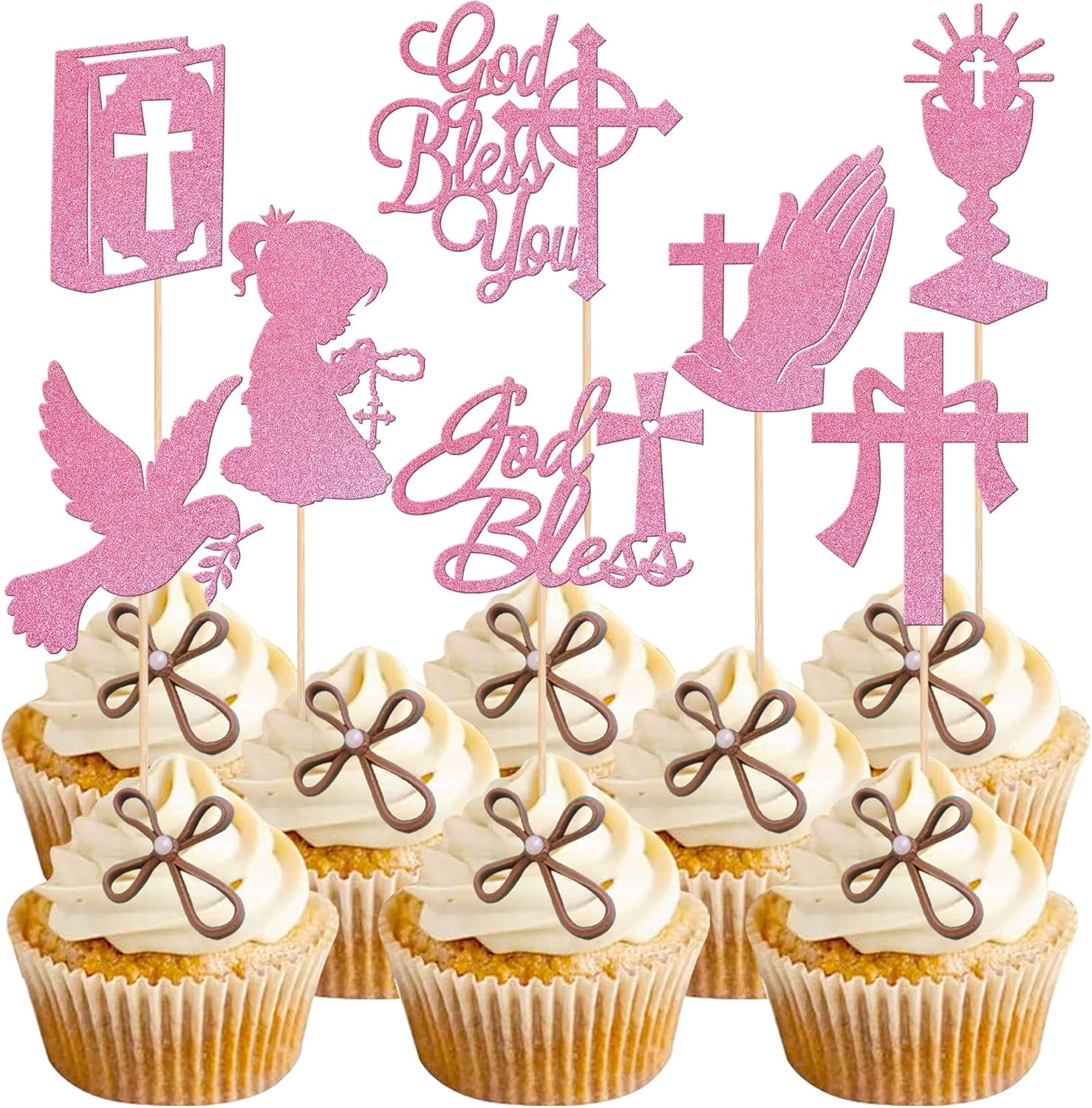 Hgudesign 24 Pack God Bless and Cross Cupcake Tors Pink Glitter Dove ...