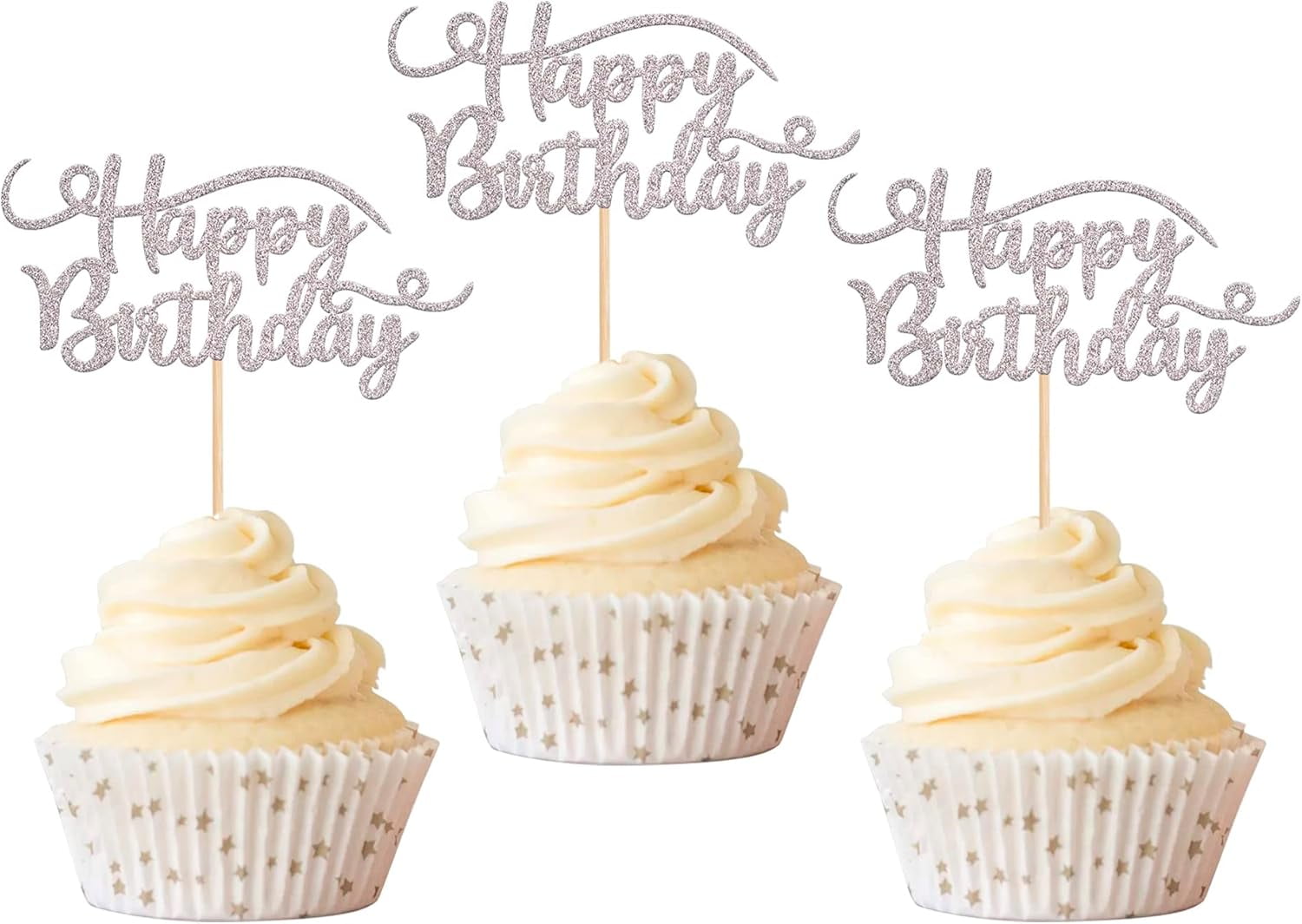 Hgudesign 24 Pack Happy Birthday Cupcake Tors Glitter Birthday Cupcake Food Picks for ...