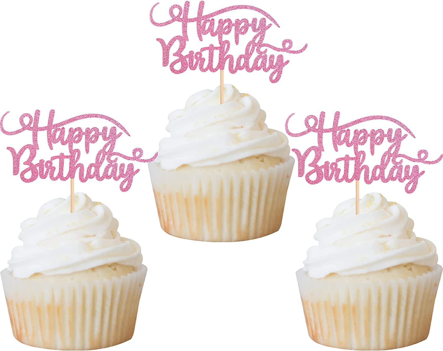 Hgudesign 24 Pack Happy Birthday Cupcake Tors Pink Glitter Birthday Cupcake Food Picks for ...