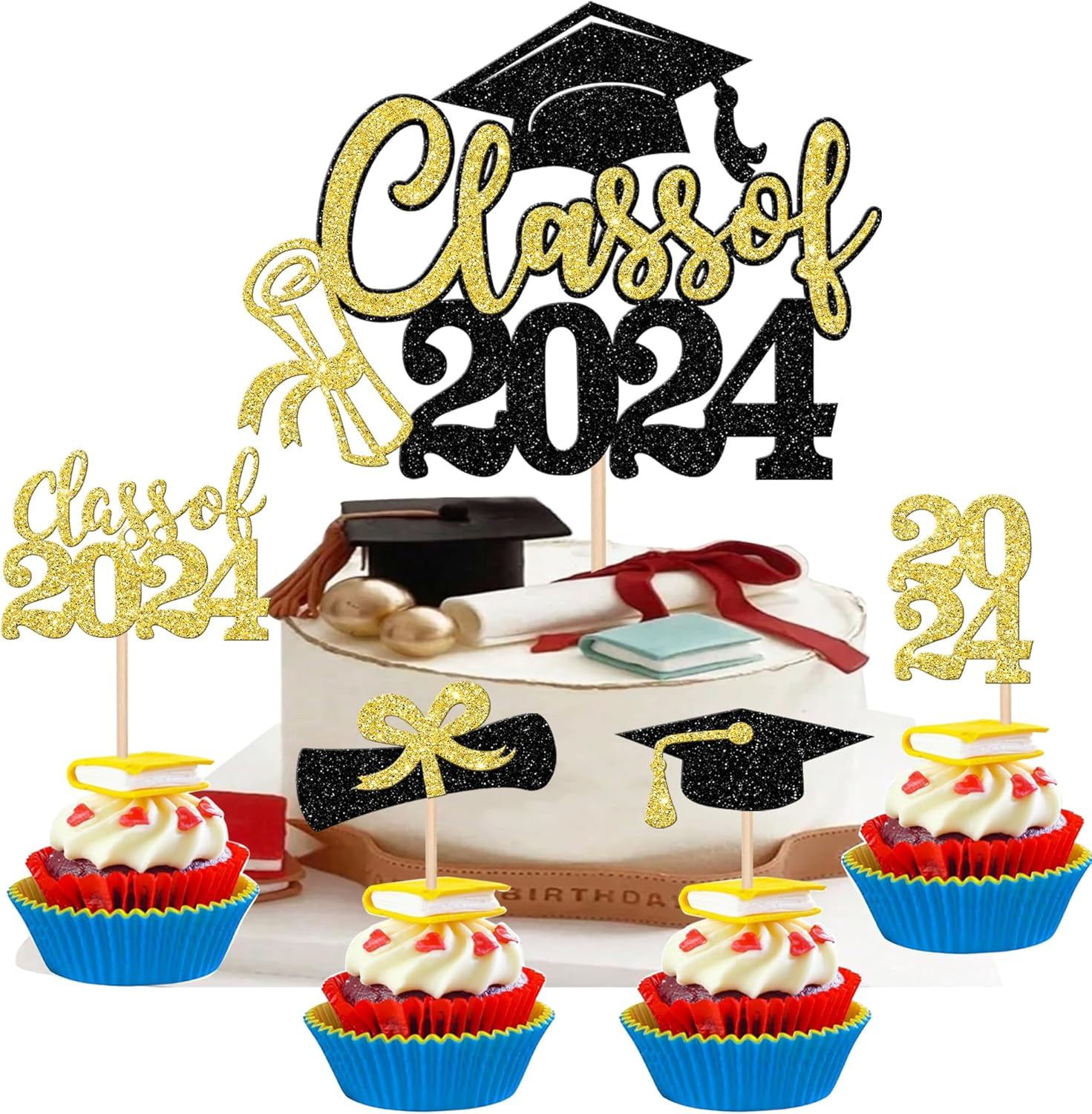 Hgudesign 25 PCS 2024 Graduation Cupcake Tors with Black Gold Glitter ...