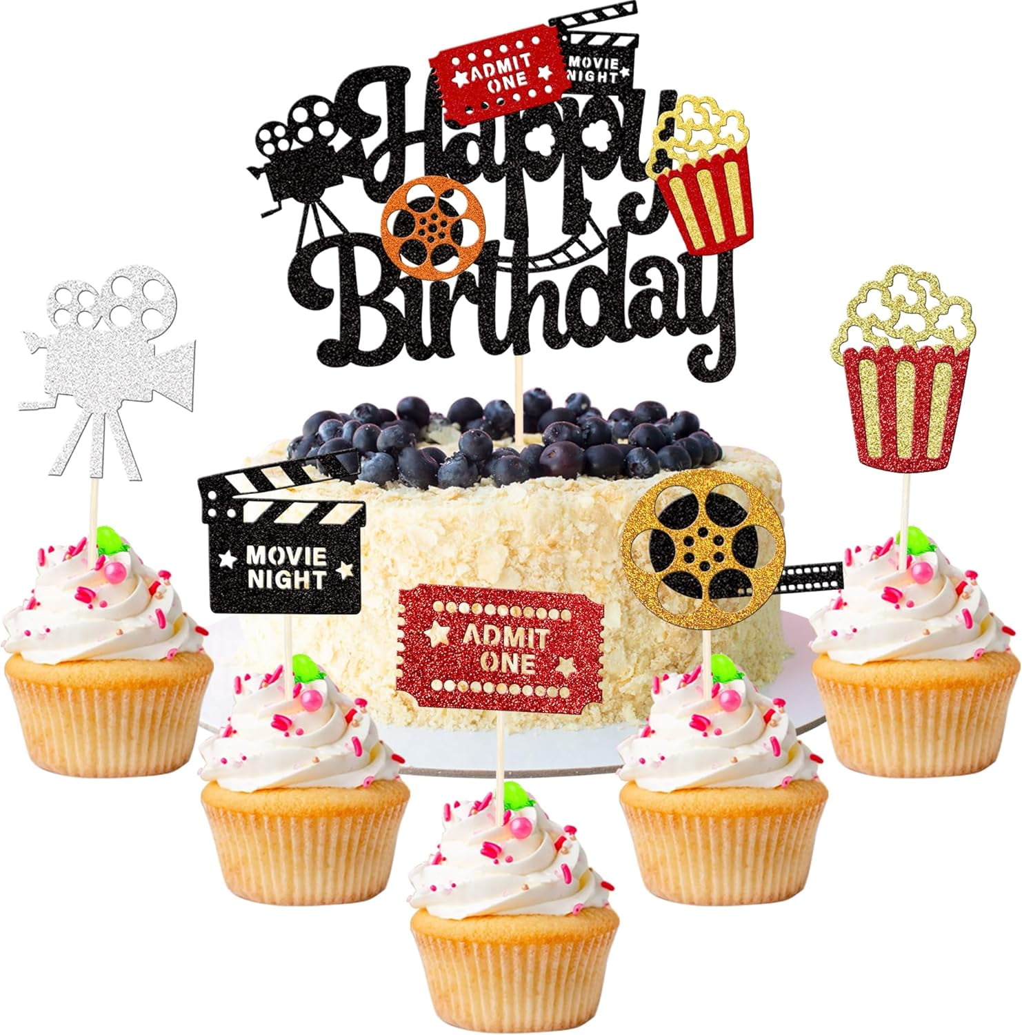 Hgudesign 25 PCS Movie Cupcake Tors with Movie Night Happy Birthday Cake Tor Glitter Roll Camera ...