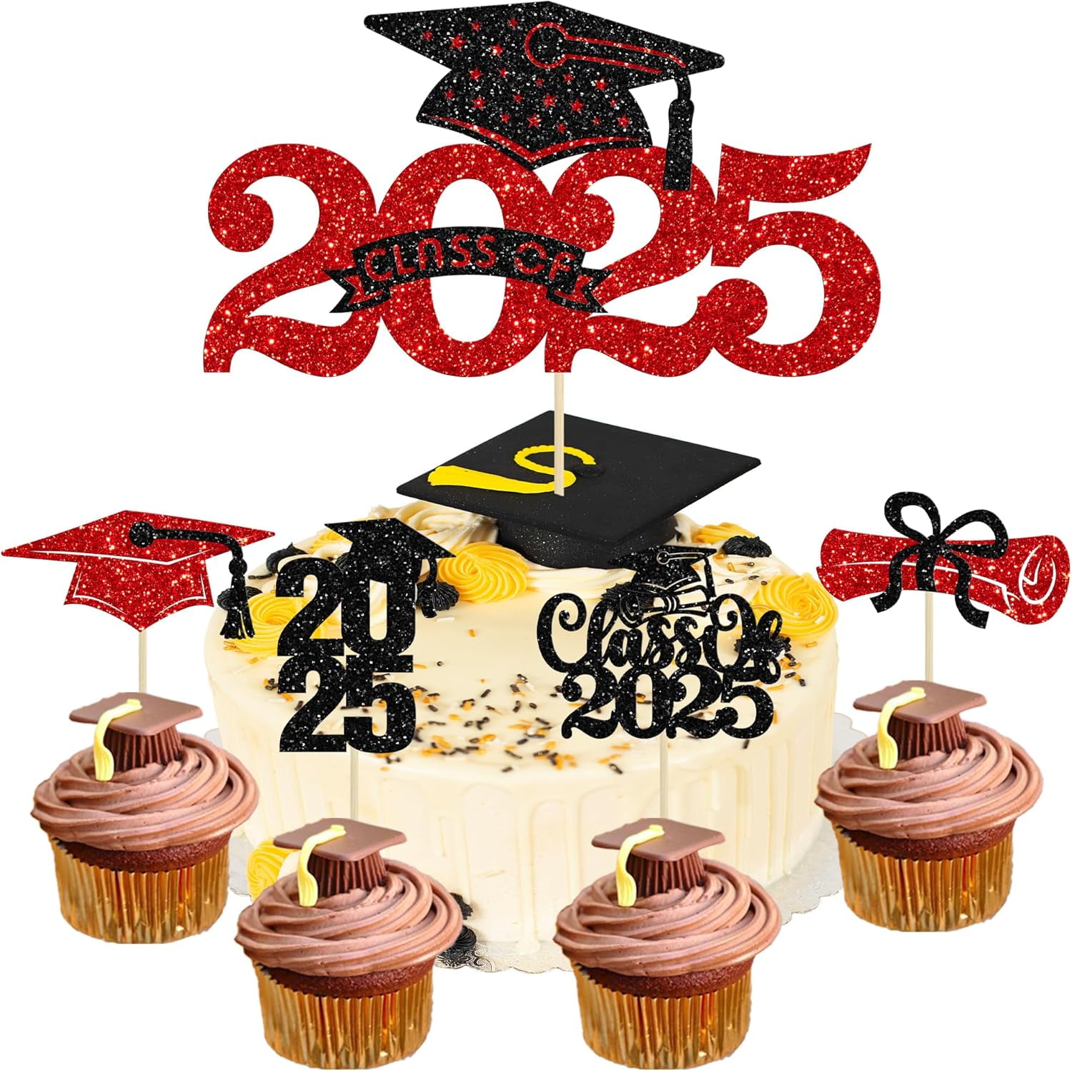 Hgudesign 25Pcs 2025 Graduation Cake Tor Glitter Congrats 2025 Cap Cake ...