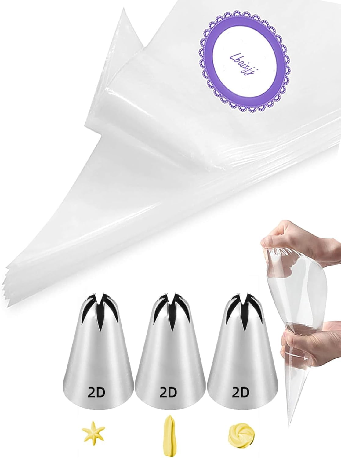 Hgudesign 2D Piping Tip and Bags Set,2D Closed Star Tip 3 pcs with 20 ...