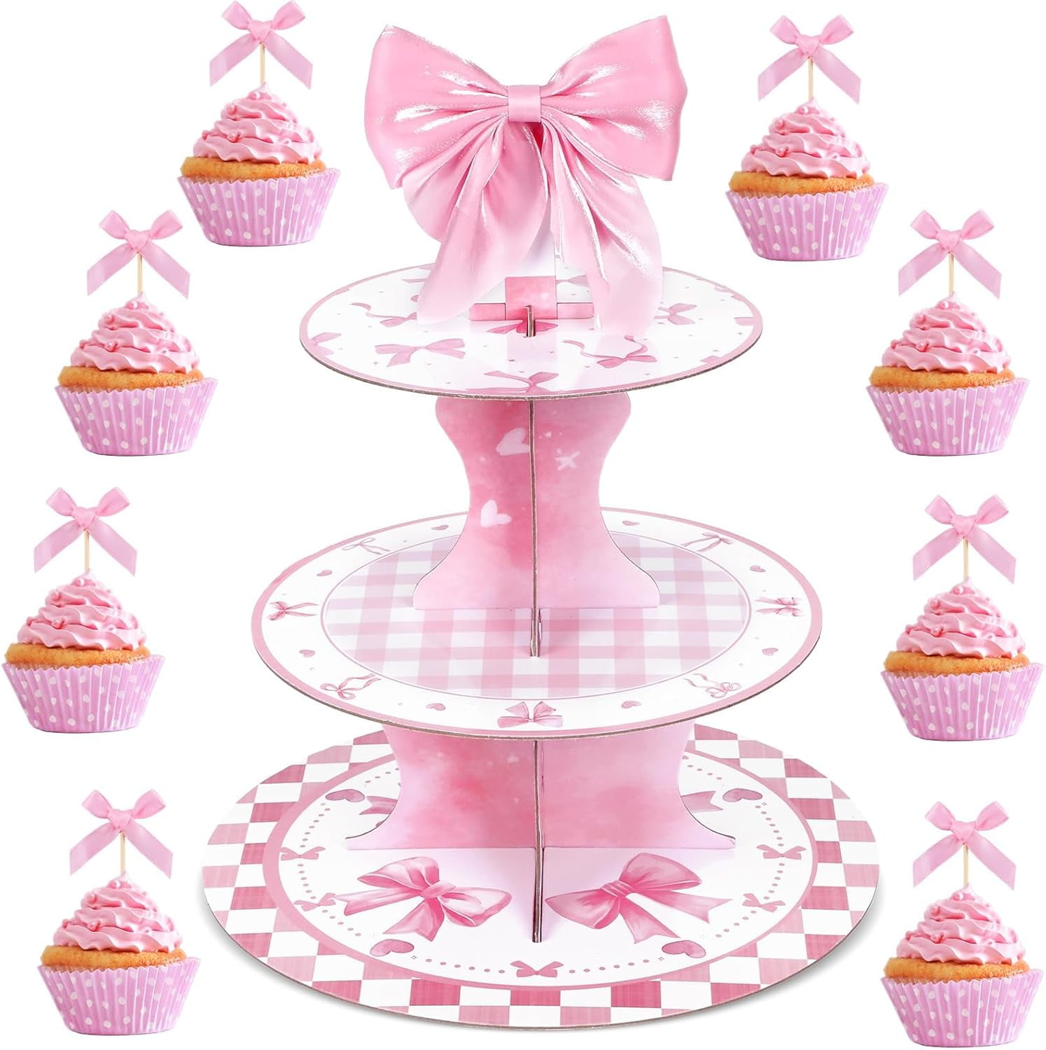 Hgudesign 3 Tier Pink Bow Cupcake Stand with 24 Cake Tors Coquette ...