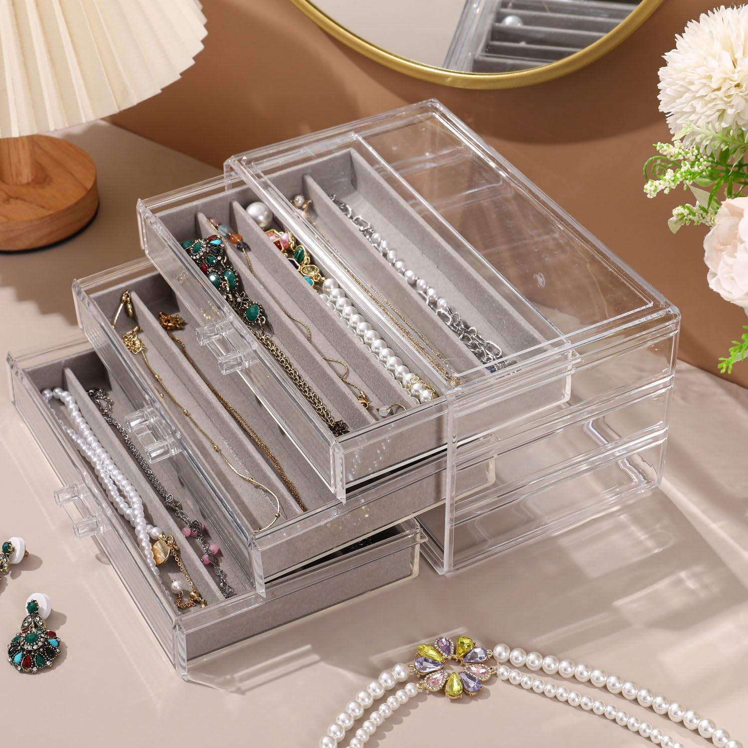 Hgudesign 5 Drawers Necklace Organizer Storage, Tray with Clear Lid ...