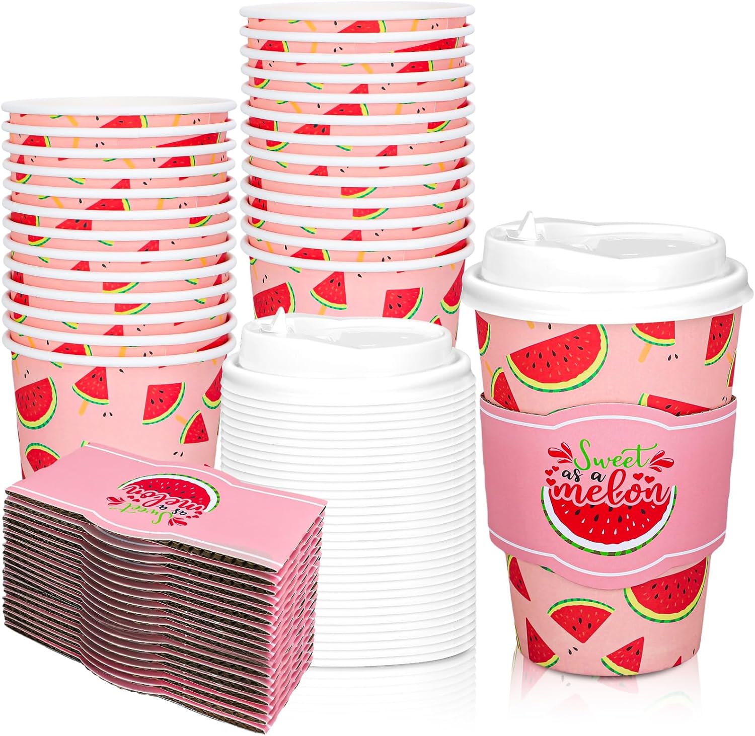 Hgudesign 50 Set Watermelon Disposable Coffee Cups with Lids 16oz Sweet ...