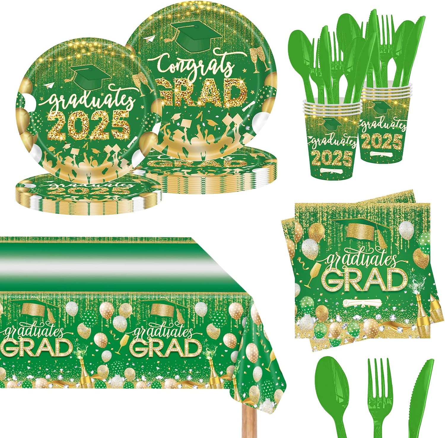 Hgudesign Class of 2025 Graduation Tableware Disposable, Green ...