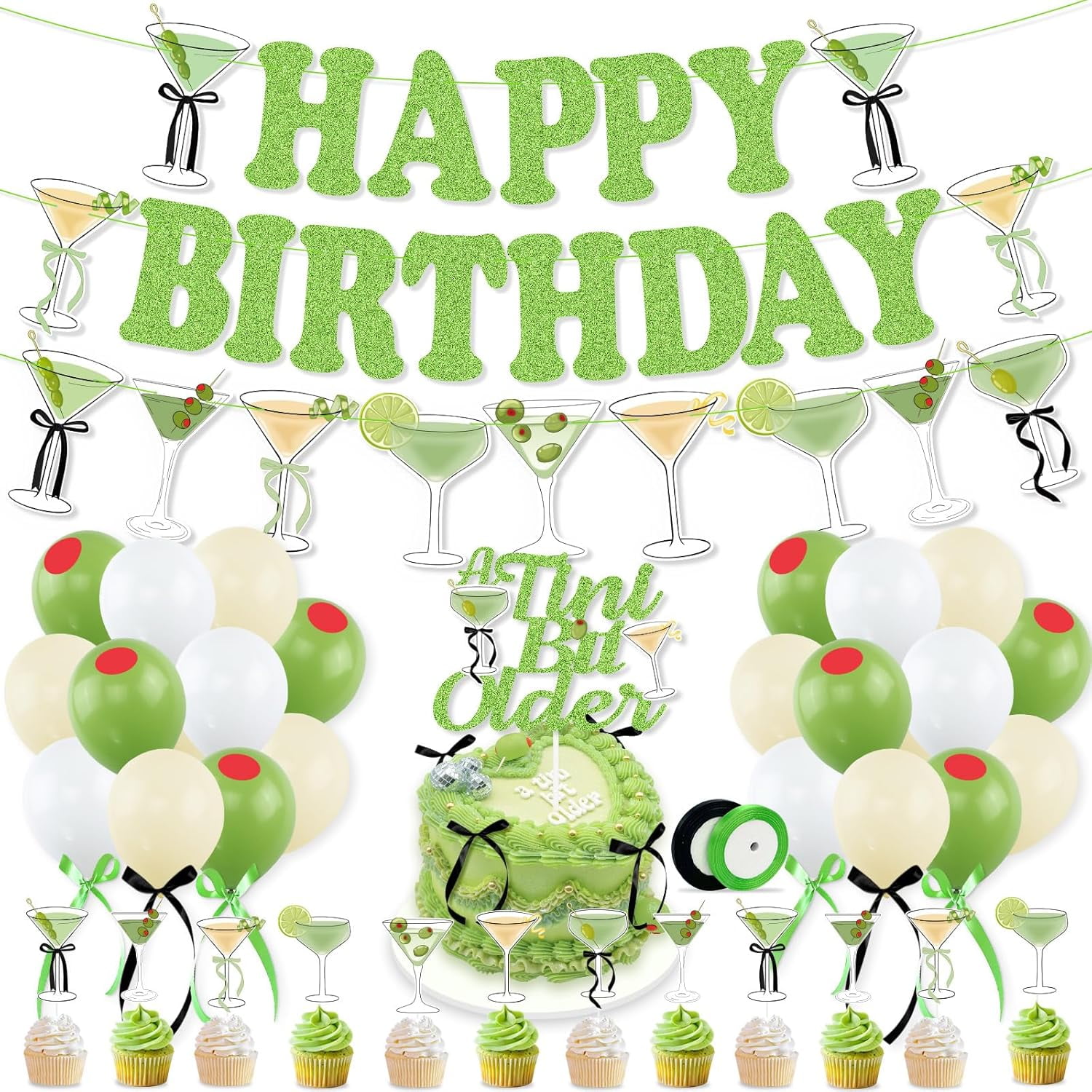 Hgudesign Martini Birthday Decorations, Happy Birthday Banner, A Tini Bit Older Cake Tor, Olive ...