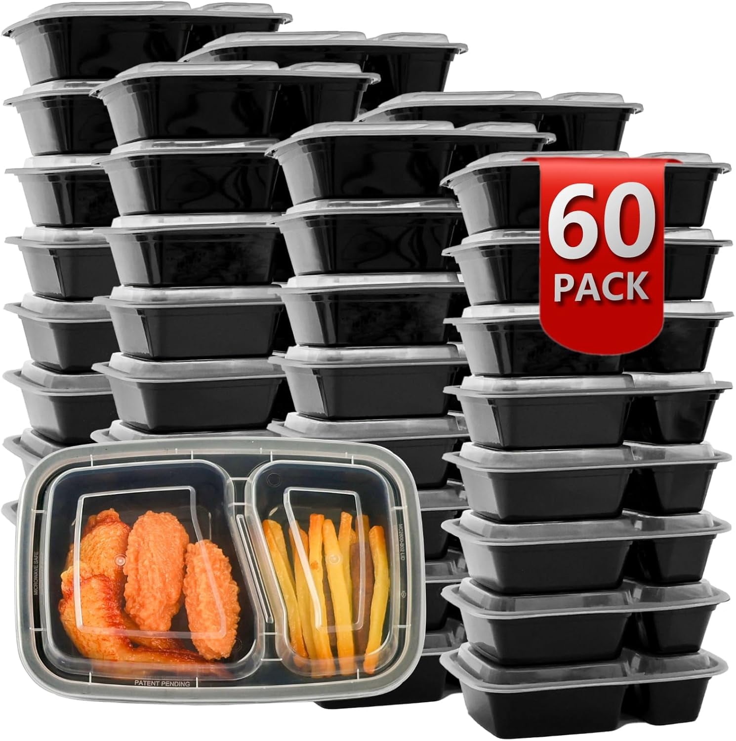 Hgudesign Meal Prep Containers 2 Compartment 60 Pack, 29 oz Divided ...