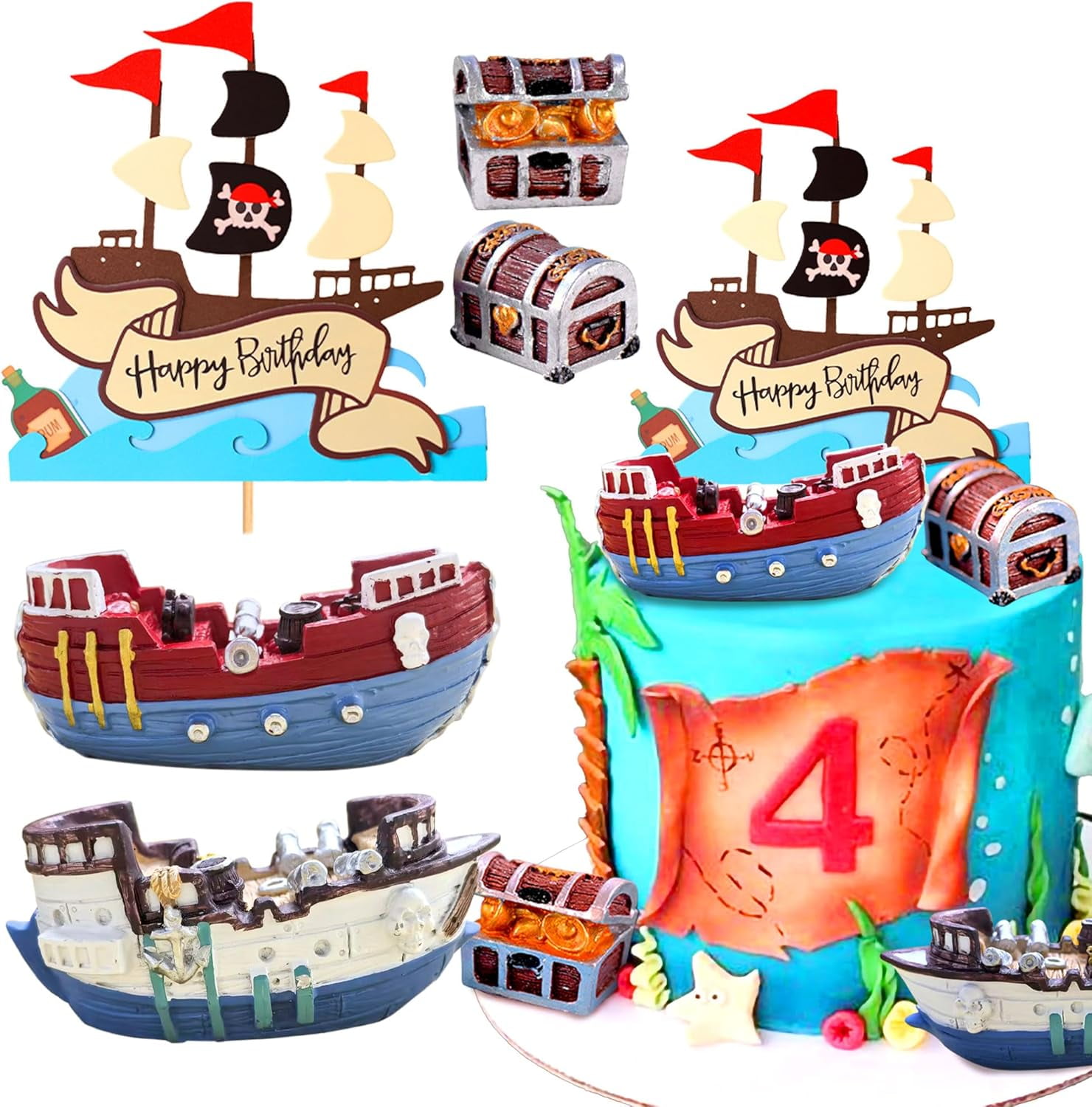 Hgudesign Pirate Ship Cake Tor Nautical Sailboat Model Decoration Set ...