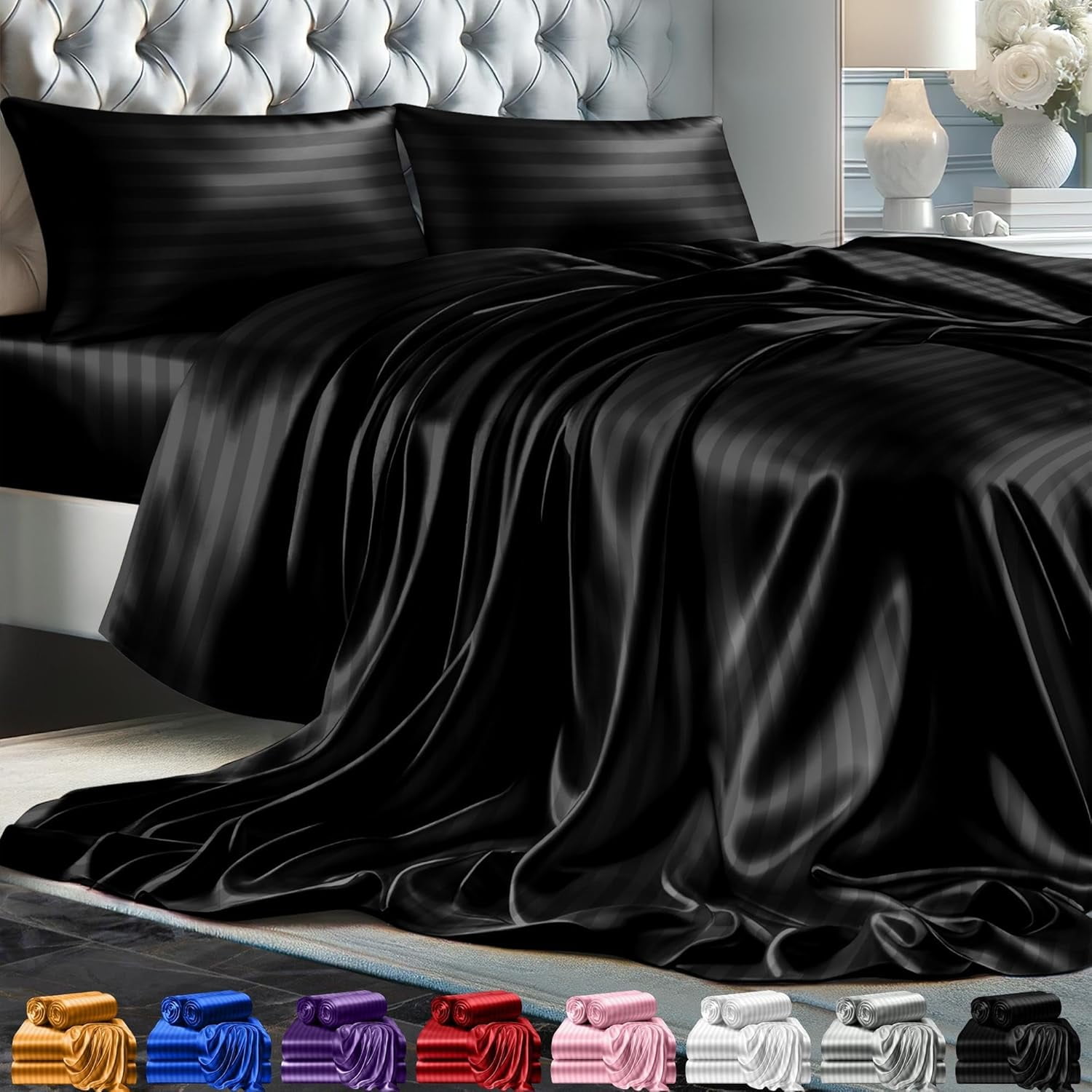 Hgudesign Satin Bed Sheets - 4 Piece Luxury Silky Full Size Bedding Set ...