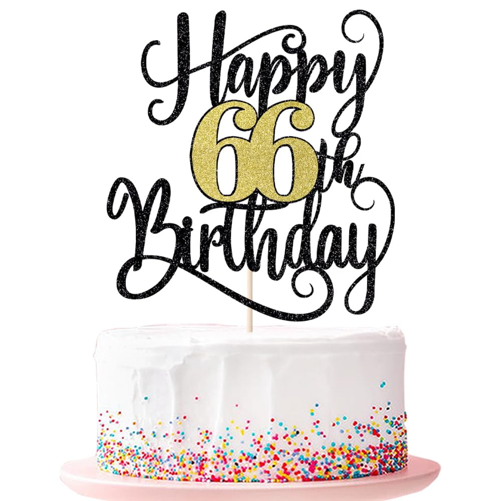 Hgudesign happy 66th birthday cake tor， 66 birthday party cake decorations (Black and gold ...