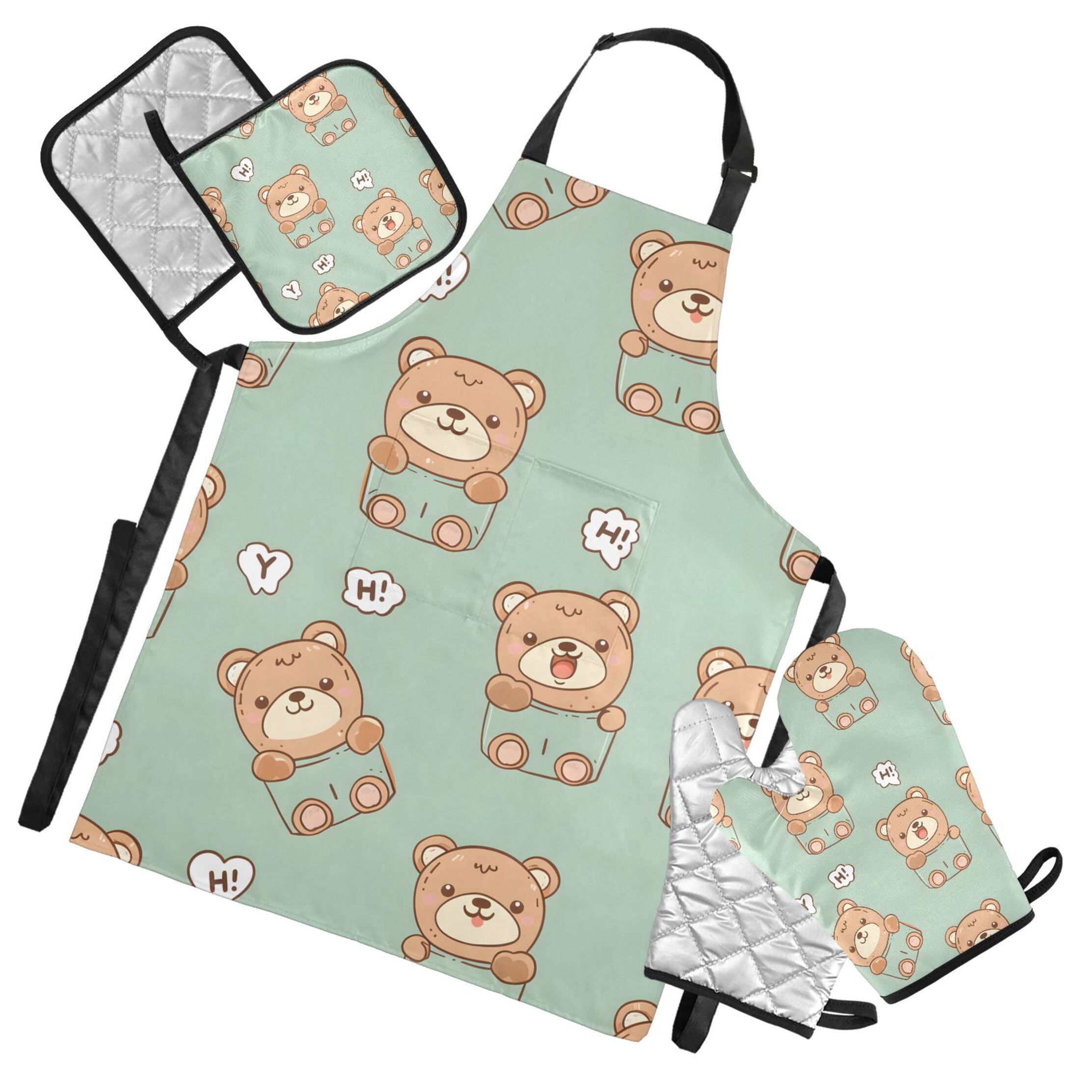 Hi Cute Teddy Bear 5 Pcs Kitchen Set Heat Resistant Oven Mitts and Non ...