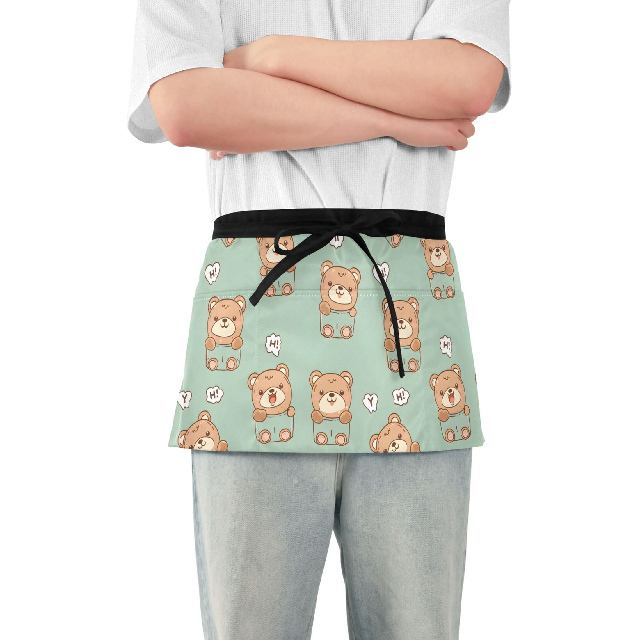 Hi Cute Teddy Bear Server Apron with 3 Pockets Waterproof Waitress ...