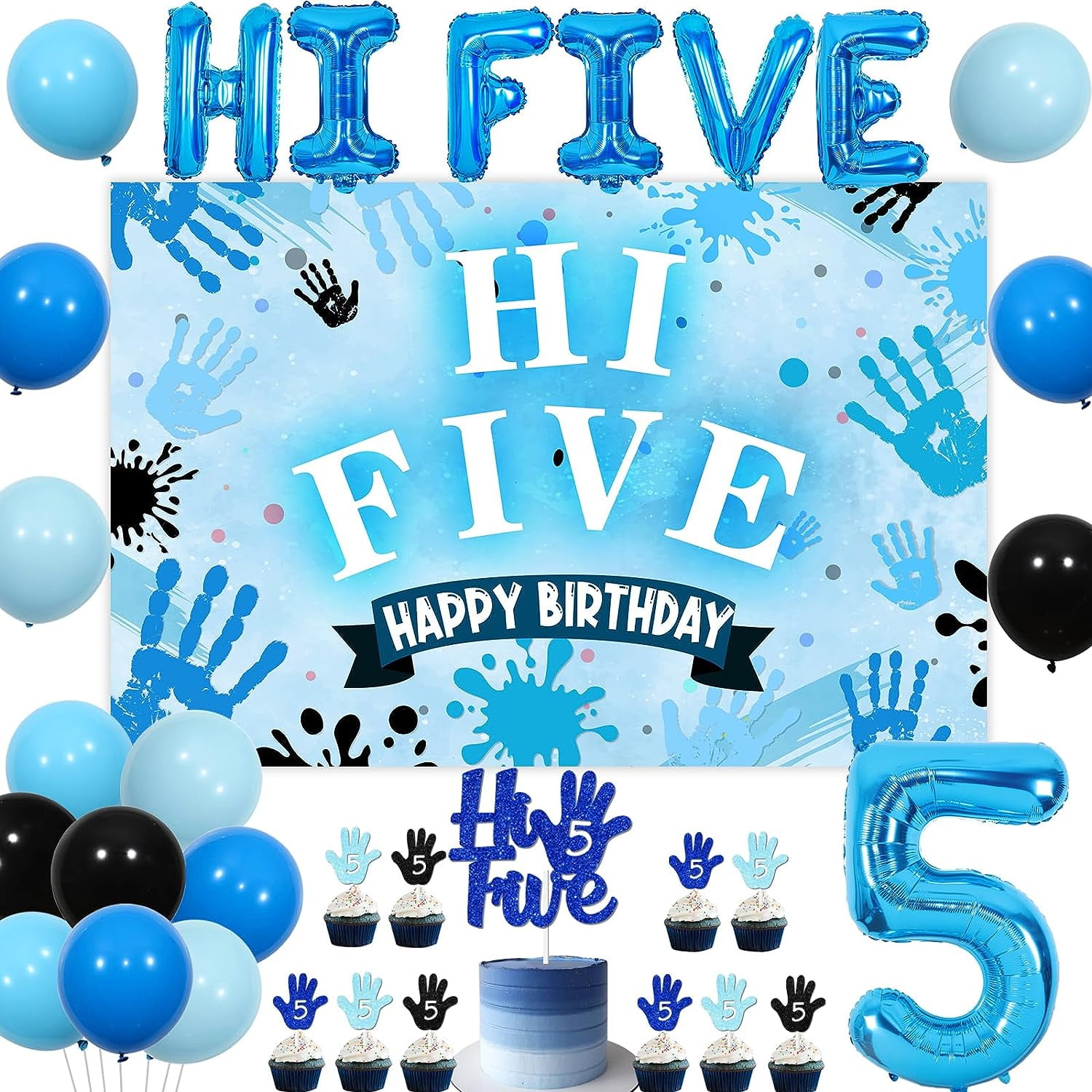 Hi Five Blue Boys 5th Birthday Decorations Theme Kit: Backdrop, Cake ...