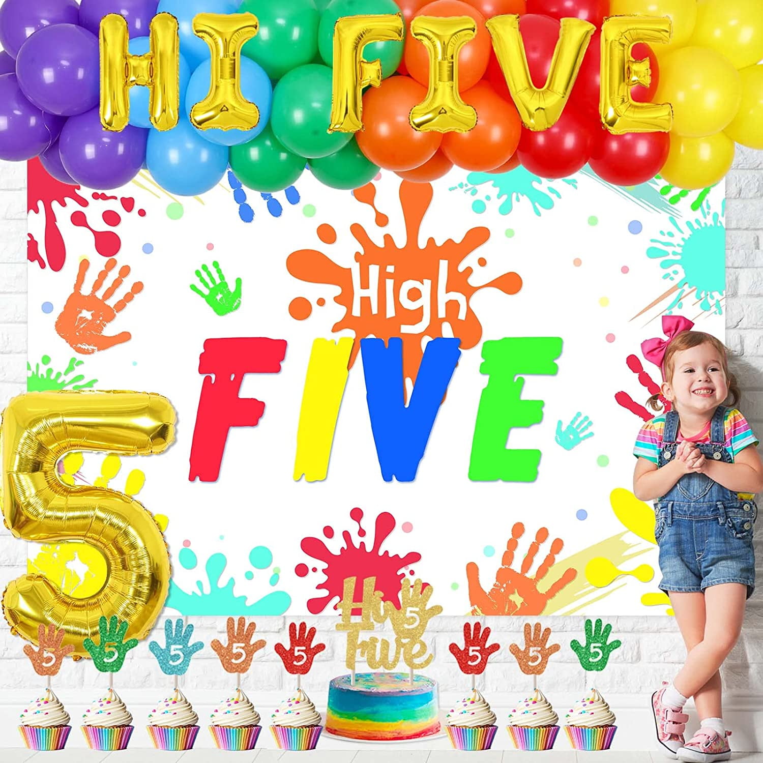 Hi Five 5th Birthday Party Decorating Supplies Kit: Hand Print Backdrop ...