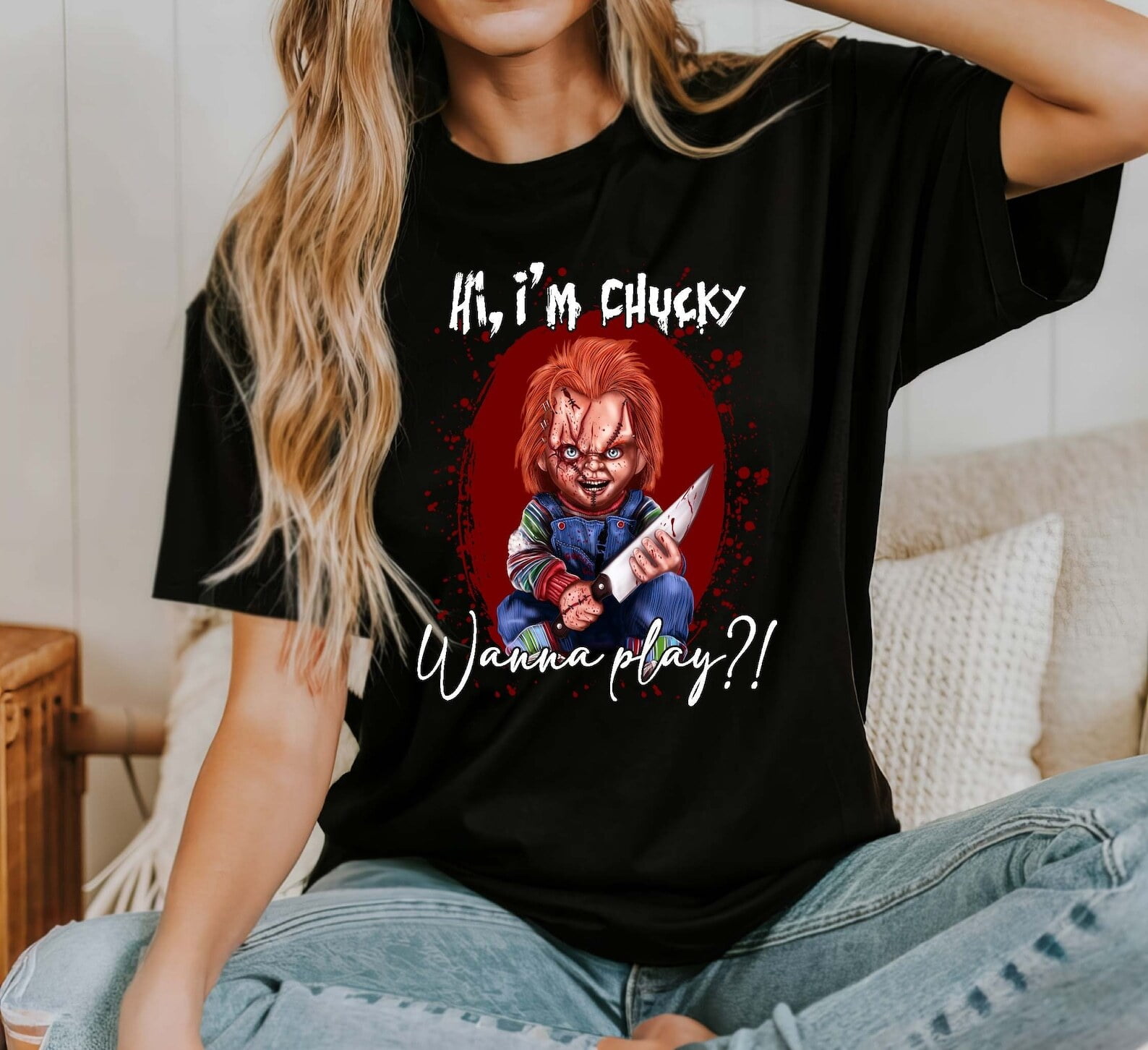 Hi I'm Chucky Wanna Play Scary Halloween Movie Child's Play Tshirt Women - Walmart.com