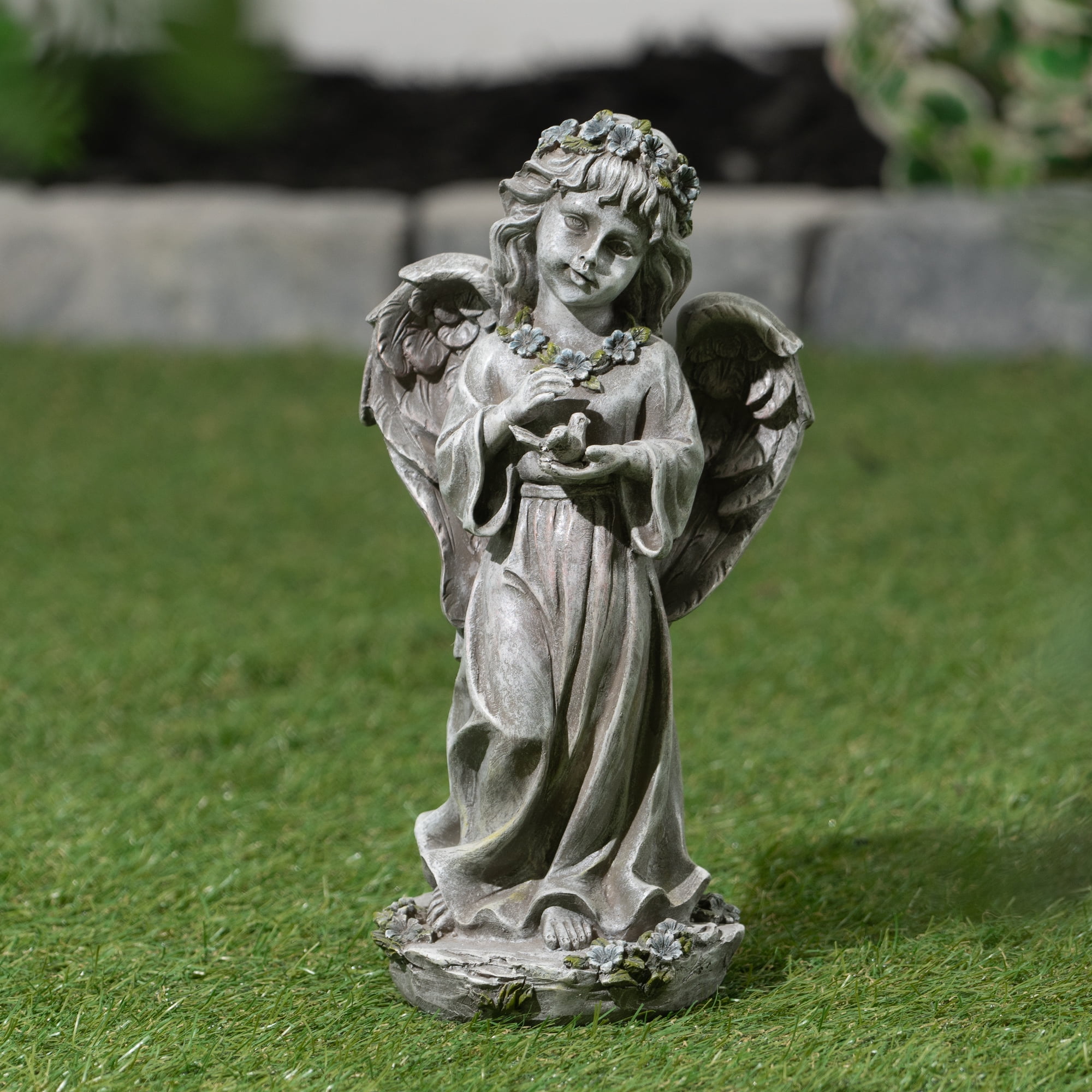 Hi-Line Gifts 12" Standing Angel Child Holding Bird Outdoor Garden ...