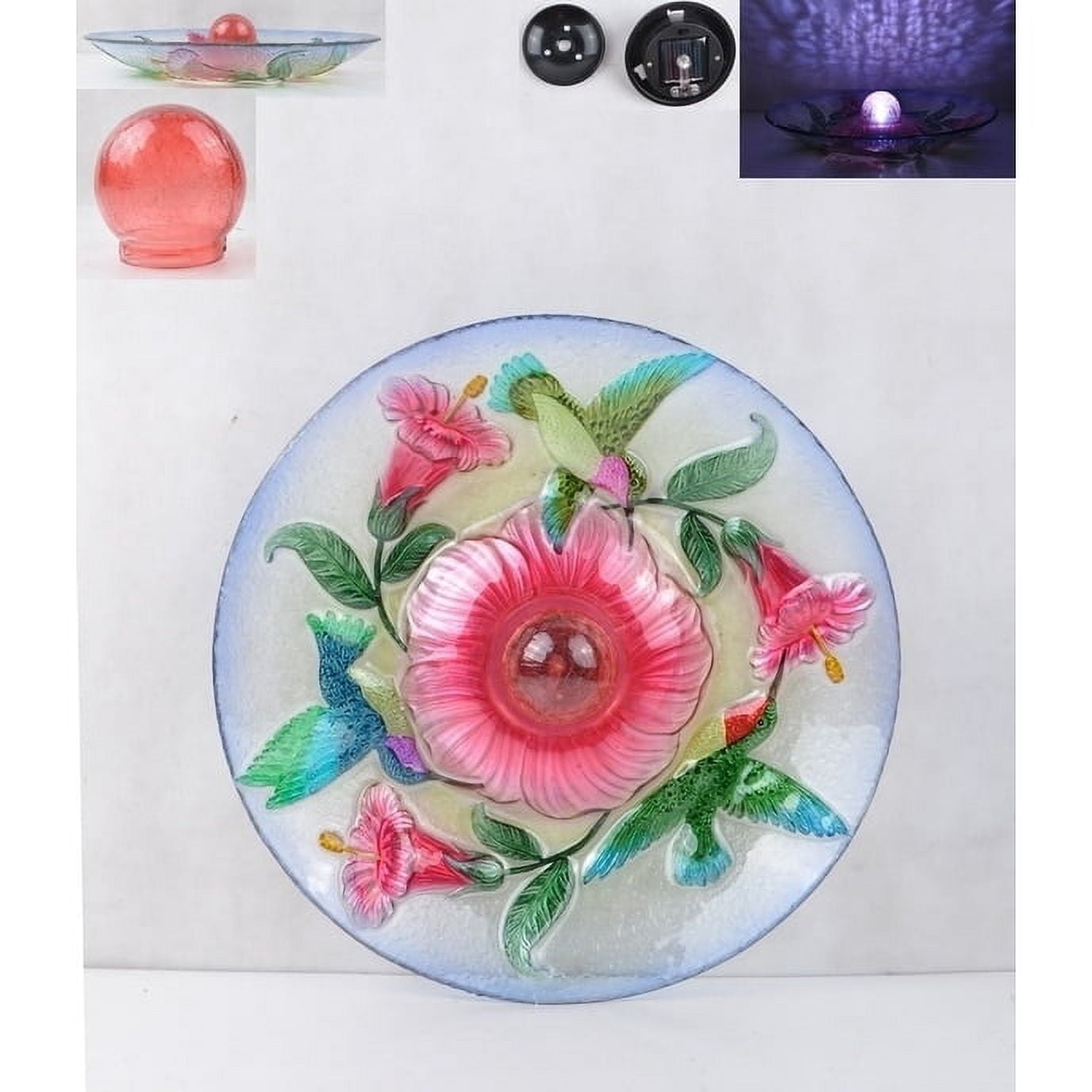 Hi-Line Gift Ltd. Solar Orb Floral Glass Hummingbird Bird Bath With ...