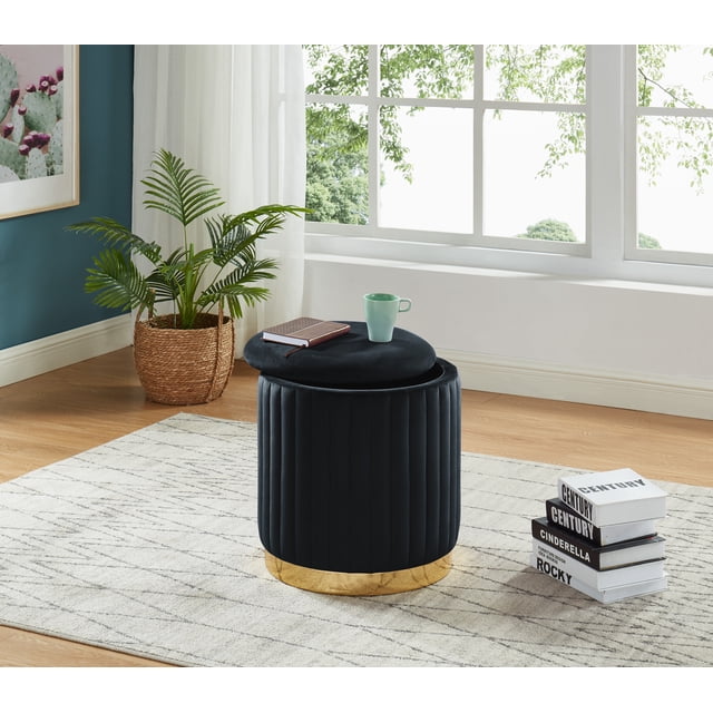 Hi-Line Gifts - BLACK VELVET CHANNEL-TUFTED ROUND STORAGE OTTOMAN WITH ...