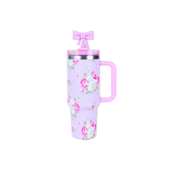 Hi Peach Layne Pink Floral Tumbler 40oz with Straw, Handle, & 30g Bath ...