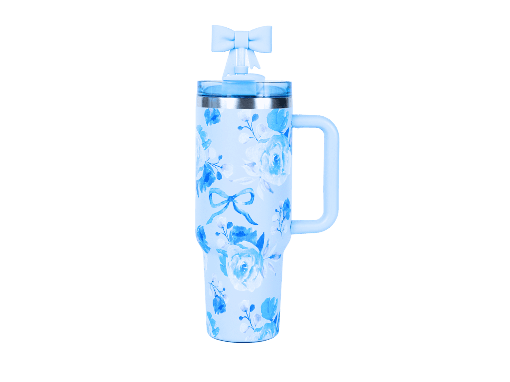 Hi Peach Layne Blue Floral Tumbler 40oz with Straw, Handle, & 30g Bath ...