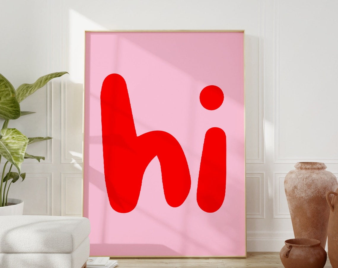 Hi Print, Red Pink Wall Art, Hello Wall Art, Hi Posters, Typography ...