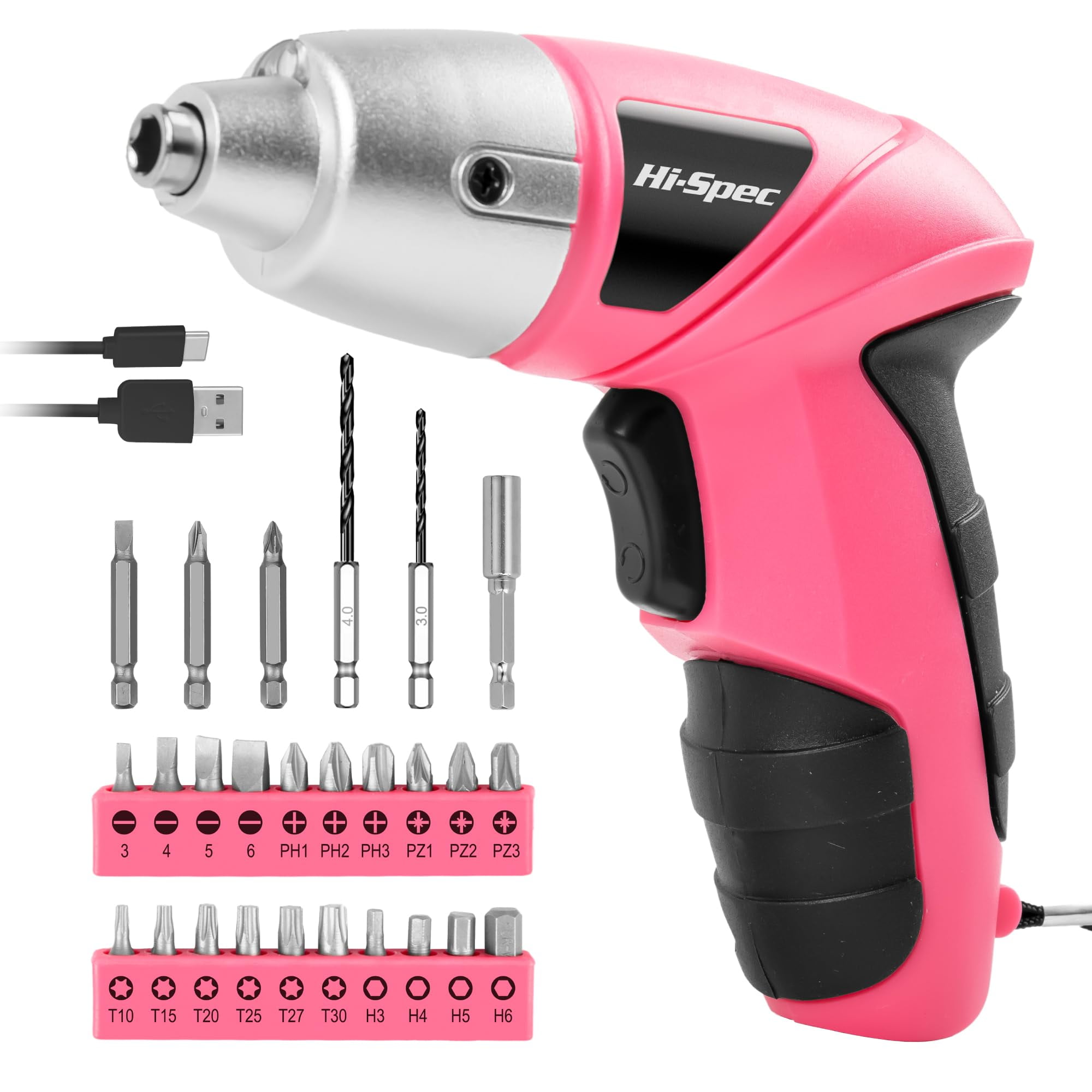 Hi-Spec Electric Screwdriver 27pc 3.6V Pink USB Small Power Screwdriver ...
